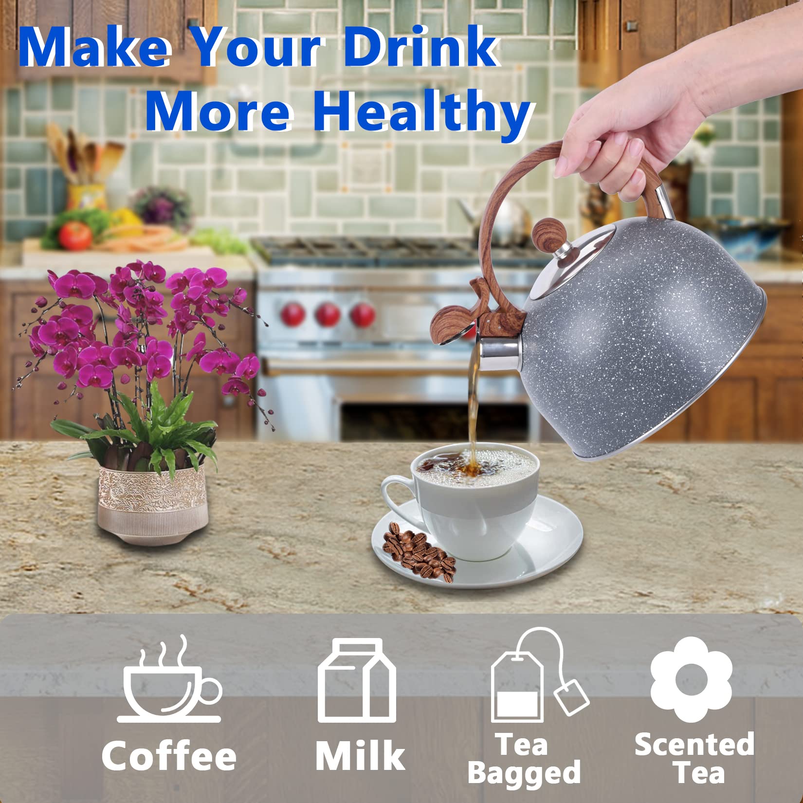 Foedo Tea Kettle for Stove Top, 102 OZ / 3 Liter Tea Pots for Stove Top, Whistling Tea Kettle Food Grade Stainless Steel with Wood Pattern Handle for Tea, Coffee, Milk(Grey)