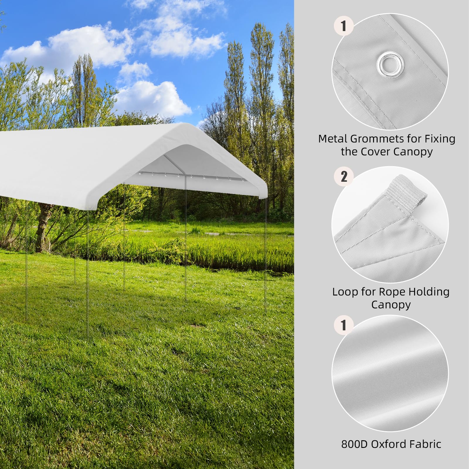 GOTRUTH 10x20 Canopy Replacement Cover, Carport Replacement Canopy, 800D Oxford Waterproof & UV Protected Tarp(Frame is not Included) (White)