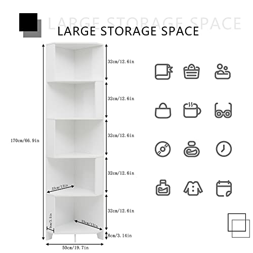 Yusong Bookshelf Corner Shelf Bookcase, Wooden 5-Tier Book Shelves Display Cabinet for Living Room,Bedroom,Bathroom, White