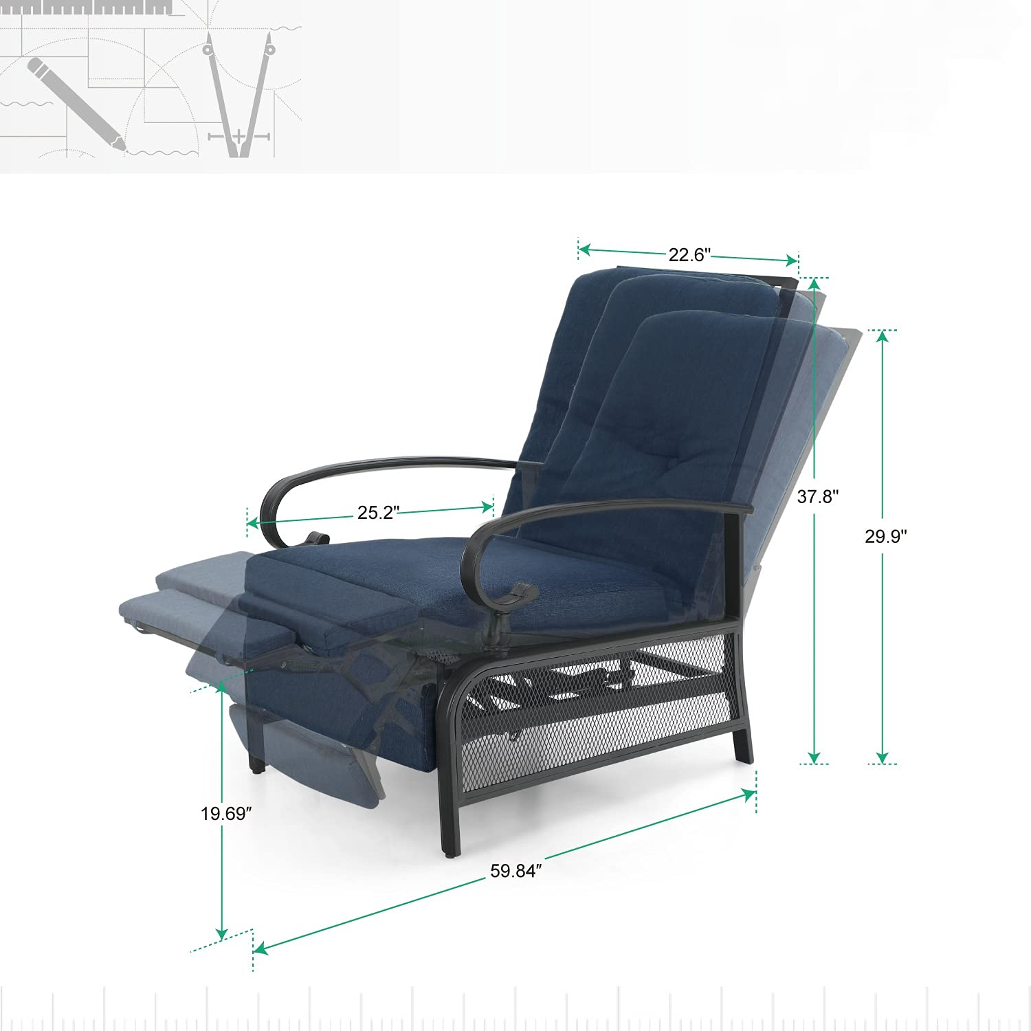 MFSTUDIO Patio Recliner Chair Metal Adjustable Back 2 Pieces Outdoor Lounge Chair with 100% Olefin Cushion (Navy Blue)