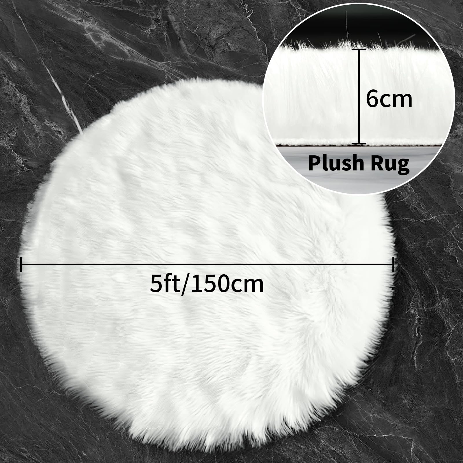 Round Faux Fur Sheepskin Rugs, Soft Shaggy Area Rug Home Decorative Bedroom Fluffy Carpet Rug, Diameter 5 Feet, White