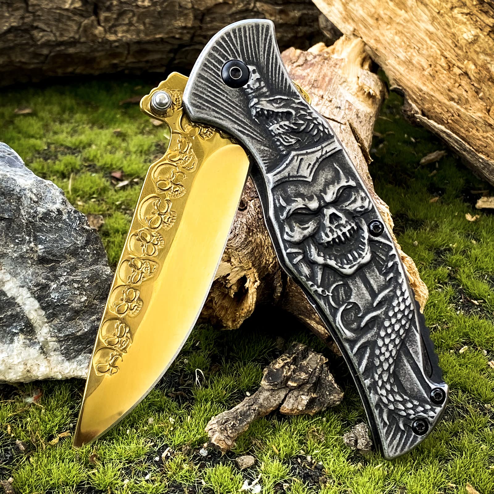 HOLYEDGE 7.8-in Tactical Folding Pocket Knife with 3.3-in Gold Mirror Blade, 3D Skull Handle, with Pocket Clip, Liner Lock and Auxiliary Opening for Outdoor Camping Survival Knives