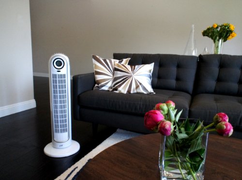 SPT SF-1521A: Tower Fan with Ionizer, white/silver trim, weight 12 lbs