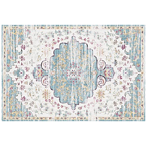 Pajata Light Blue and White Vintage 5X7 Area Rug Bohemian Floral Cover Print Distressed Carpet for Bedroom Living Room Non-Shedding