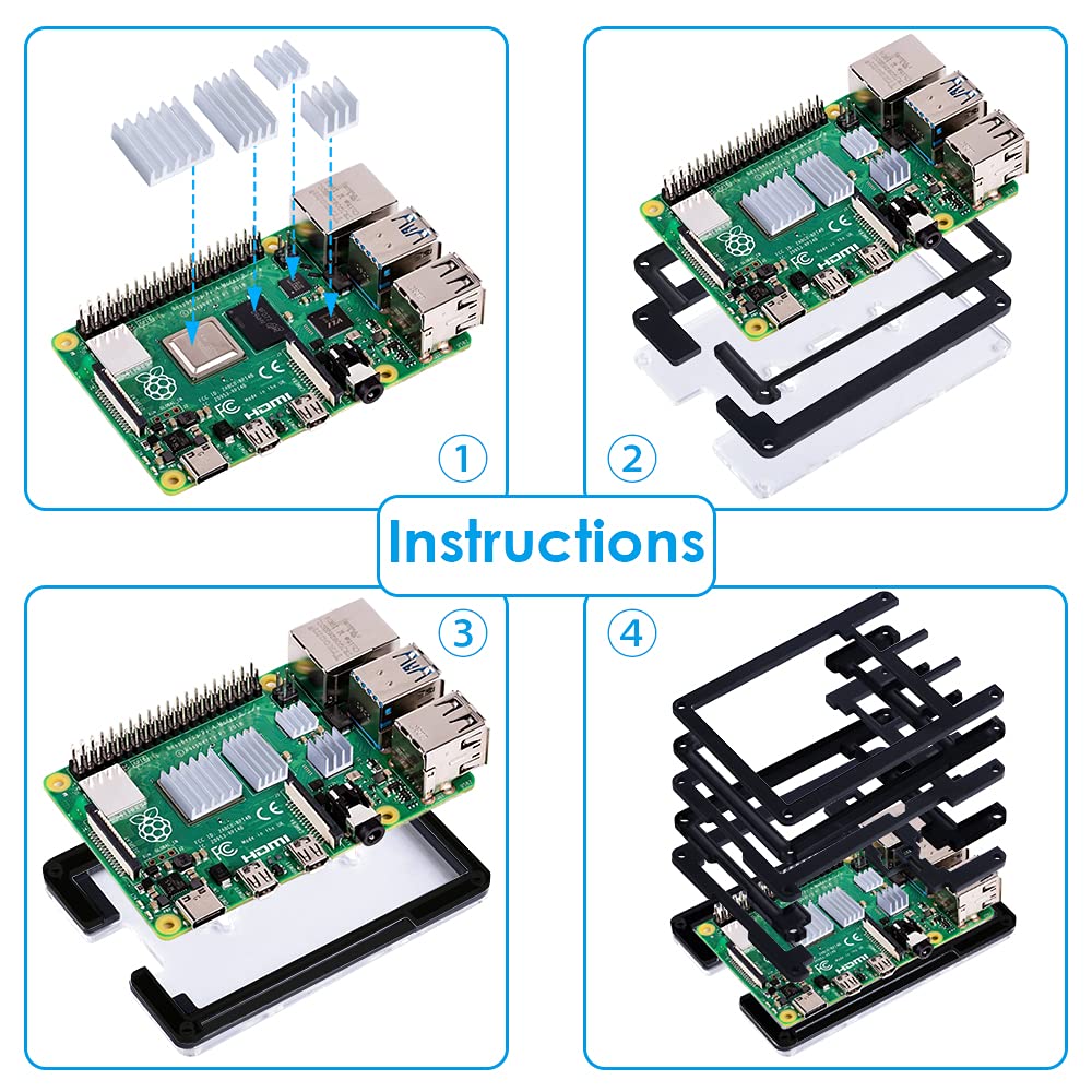 GeeekPi Acrylic Case for Raspberry Pi 4, Raspberry Pi 4 Case with Fan, Raspberry Pi 4 5V 3A Type-C Power Supply, 4pcs Aluminum Heatsinks for Raspberry Pi 4B 8gb/4gb/2gb (No Raspberry Pi Board)