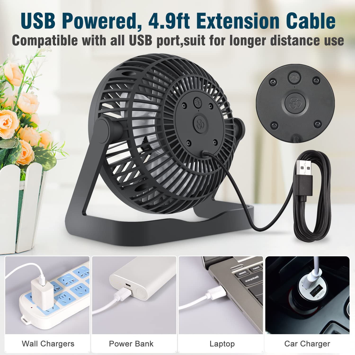 HomeLifairy 5.3 inch USB Desk Fan with LED Light, 3 Speeds Quiet Small Fan,360°Rotation Cooling Table Fan, Mini USB Desktop Fan for Desk Home Office Bedroom