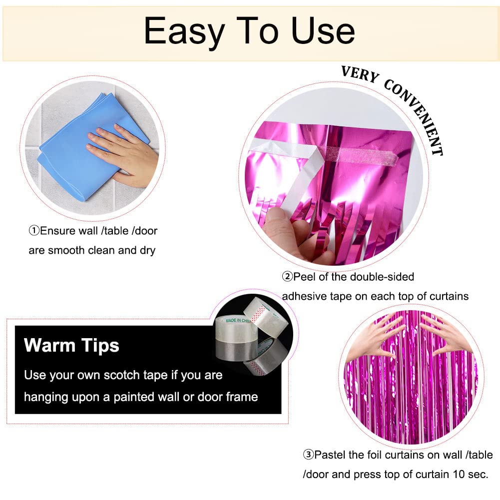 Foil Fringe Curtains - Party Streamers for Barbie Backdrop Barbie Birthday Mean Girls Party Decorations - 3Packs 3.2ft x 8.2ft Fuchsia Metallic Tinsel Backdrop Curtains