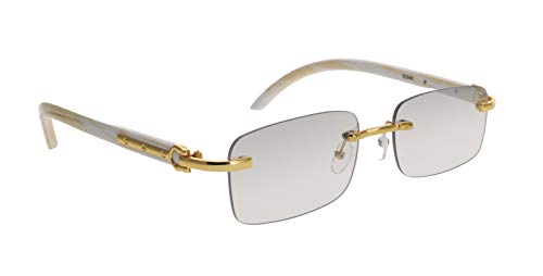 FLAWLESS EYEWEAR Retro Wood Buffs Vintage Style Gangster Rimless Clear Lens Rectangular Metal & Wood Eye Glasses (Cream-Gold/Tinted Clear Lens)