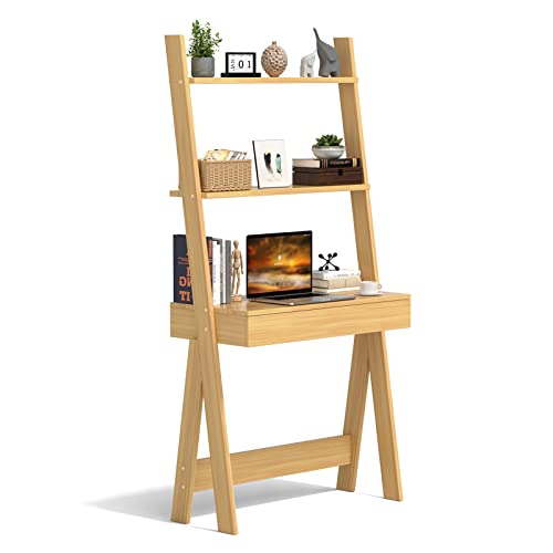 Tangkula Ladder Desk with Countertop & Drawer, Freestanding 2-Tier Ladder Shelf Desk, Modern Computer Desk Laptop Table with Storage Bookshelf, Anti-Toppling Device (Natural)