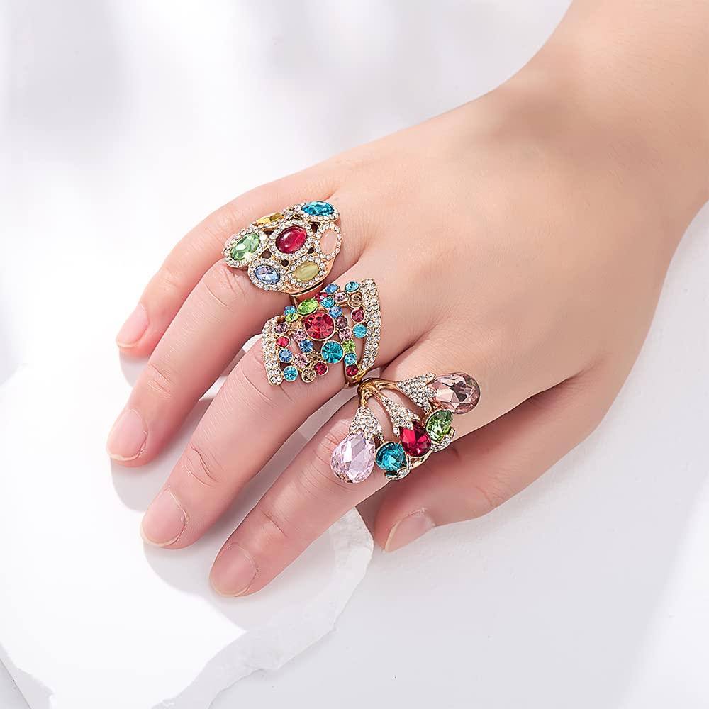 Ecesha 3 PCS/Set Gold Colorful Crystal Oval Teardrop Rhombus Cocktail Rings Set Irregular Geometric Stretch Rings for Women