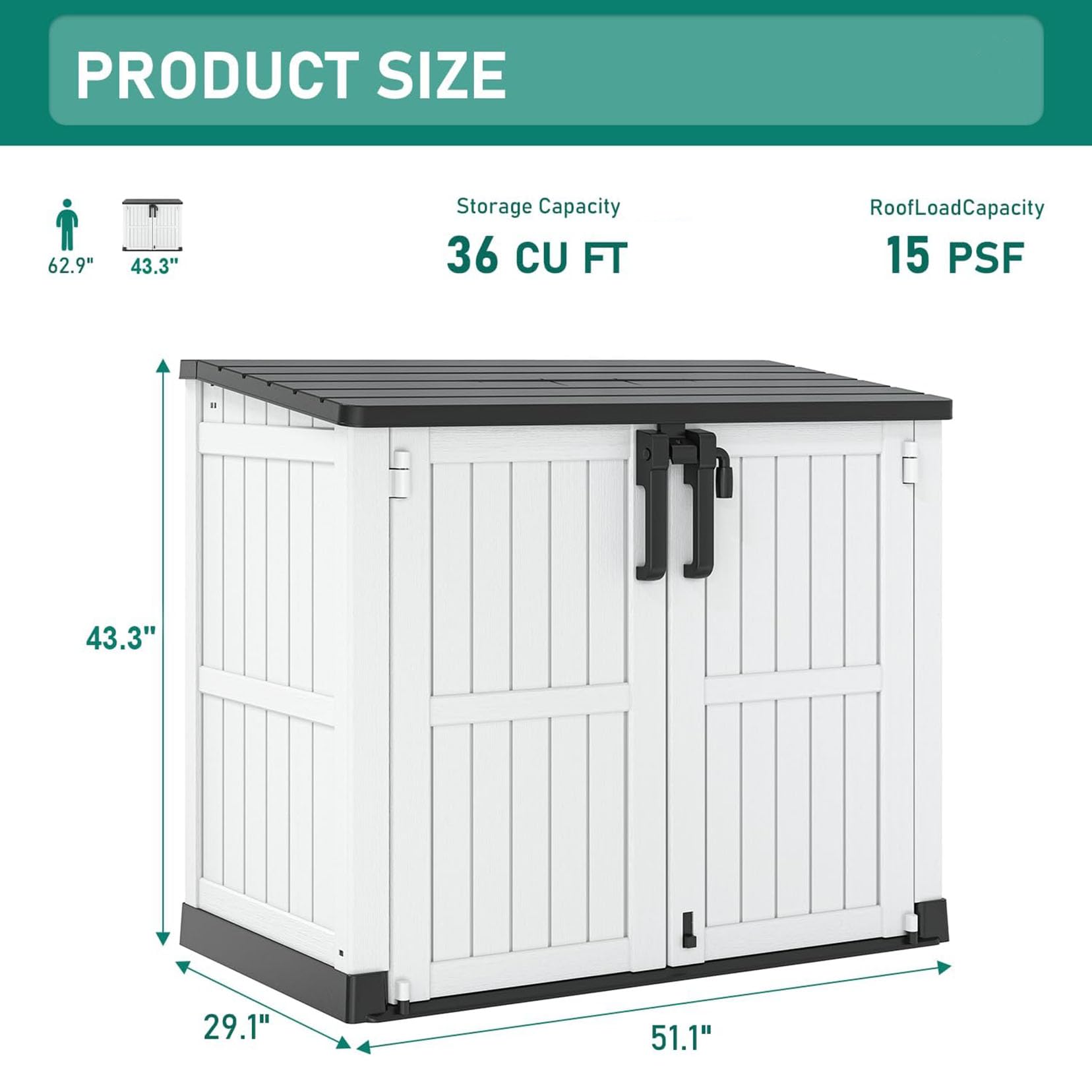 NUNU LAB Outdoor Storage Shed 36 Cu. Ft.Horizontal Garden Storage Extra Large Capacity Weather Resistant Storage Box, Lockable Resin Waterproof Shed for Easy Storage of Garbage Cans, Tools, Lawn Mower