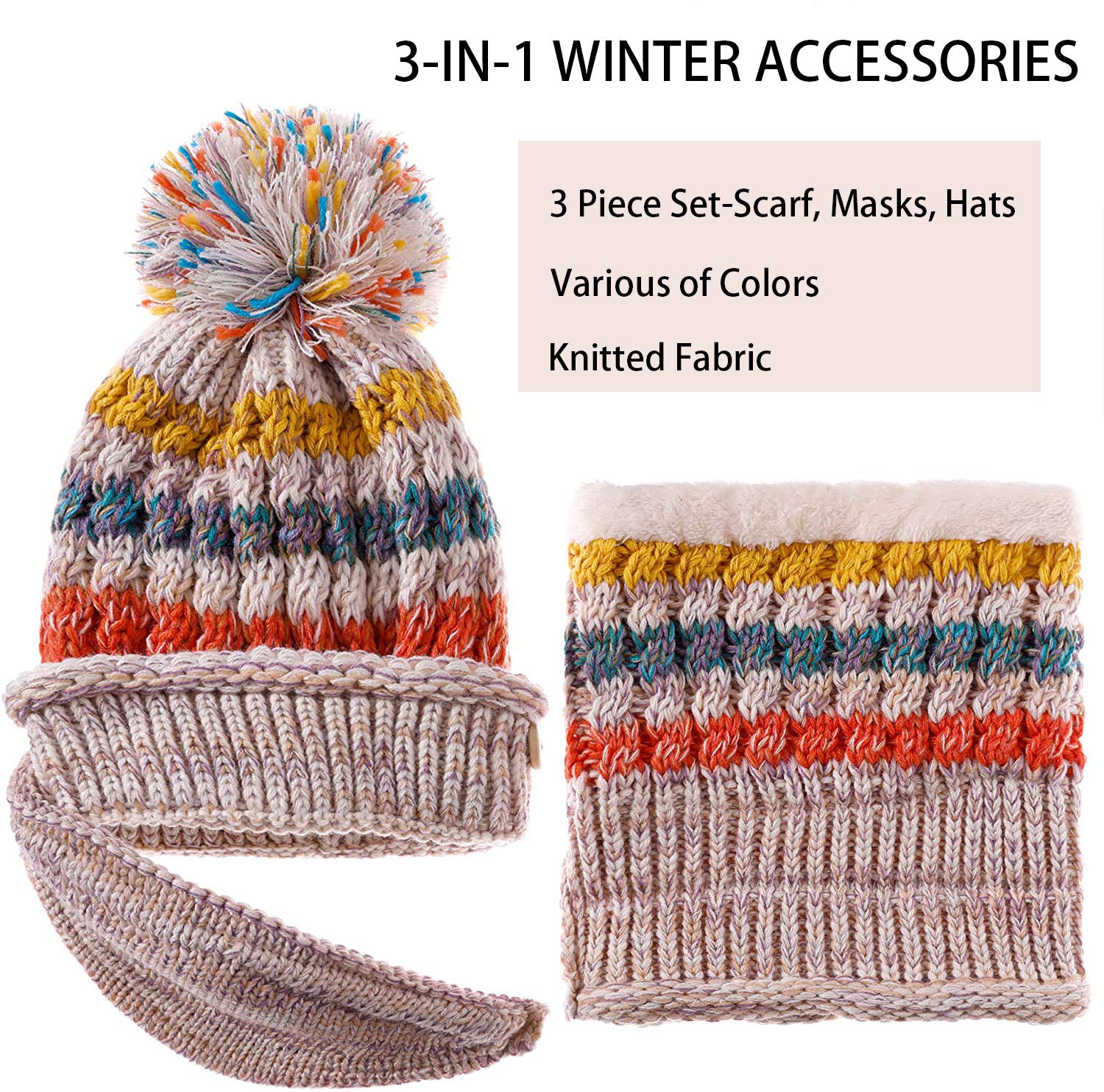 Fleece Lined Winter Hats for Women Knit Beanie Hat Scarf Mask Set Warm Soft Slouchy Skull Cap with Pom Pom… Beige
