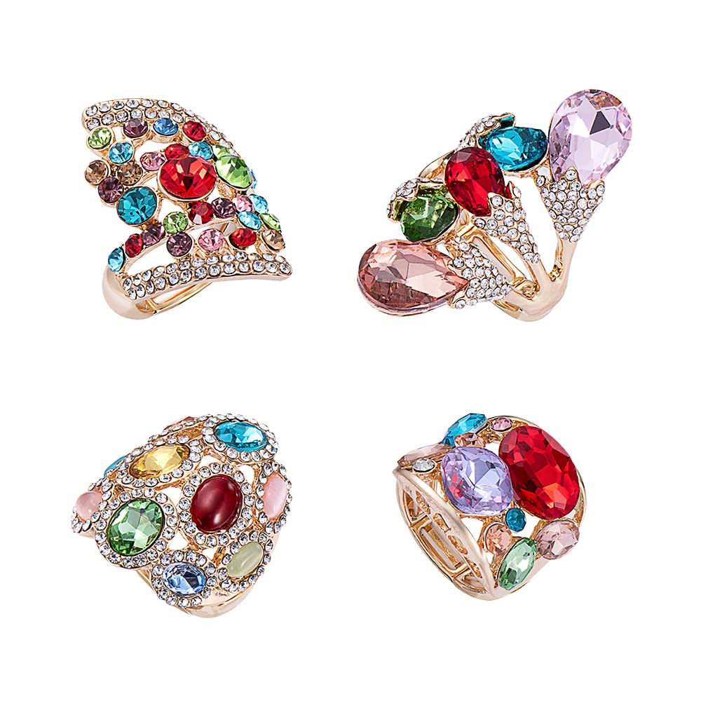 Ecesha 4 PCS/Set Gold Crystal Adjustable Statement Cocktail Rings Set Colorful Rhinestone Irregular Geometric Stretch Rings for Women