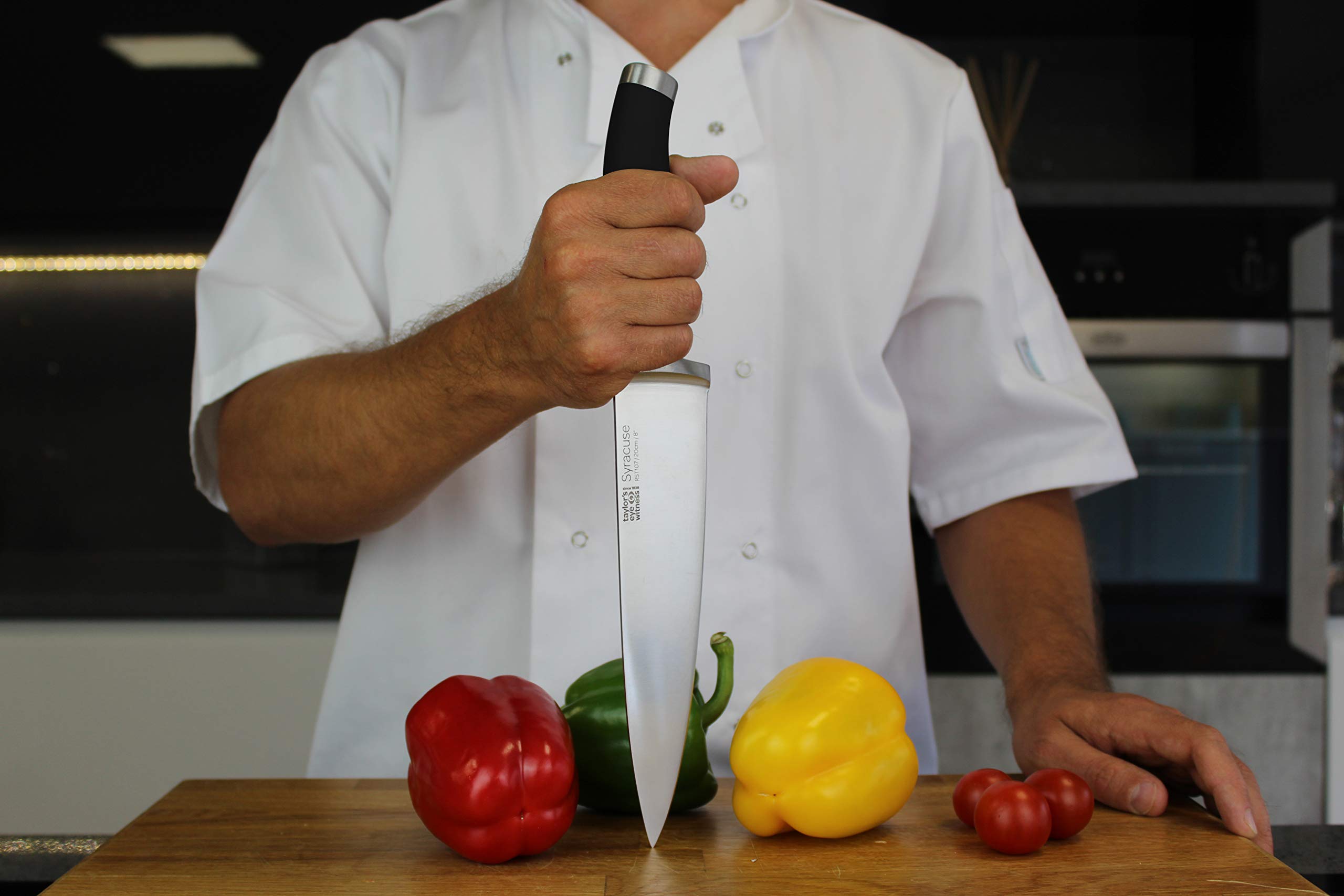 Taylors Eye Witness Syracuse Chefs/Cooks Kitchen Knife - Professional 20cm/8 Inch Cutting Edge, Multi Use. Precision Ground, Razor Sharp, Ultra Fine Blade. Soft Textured Grip Matte Black Handle.