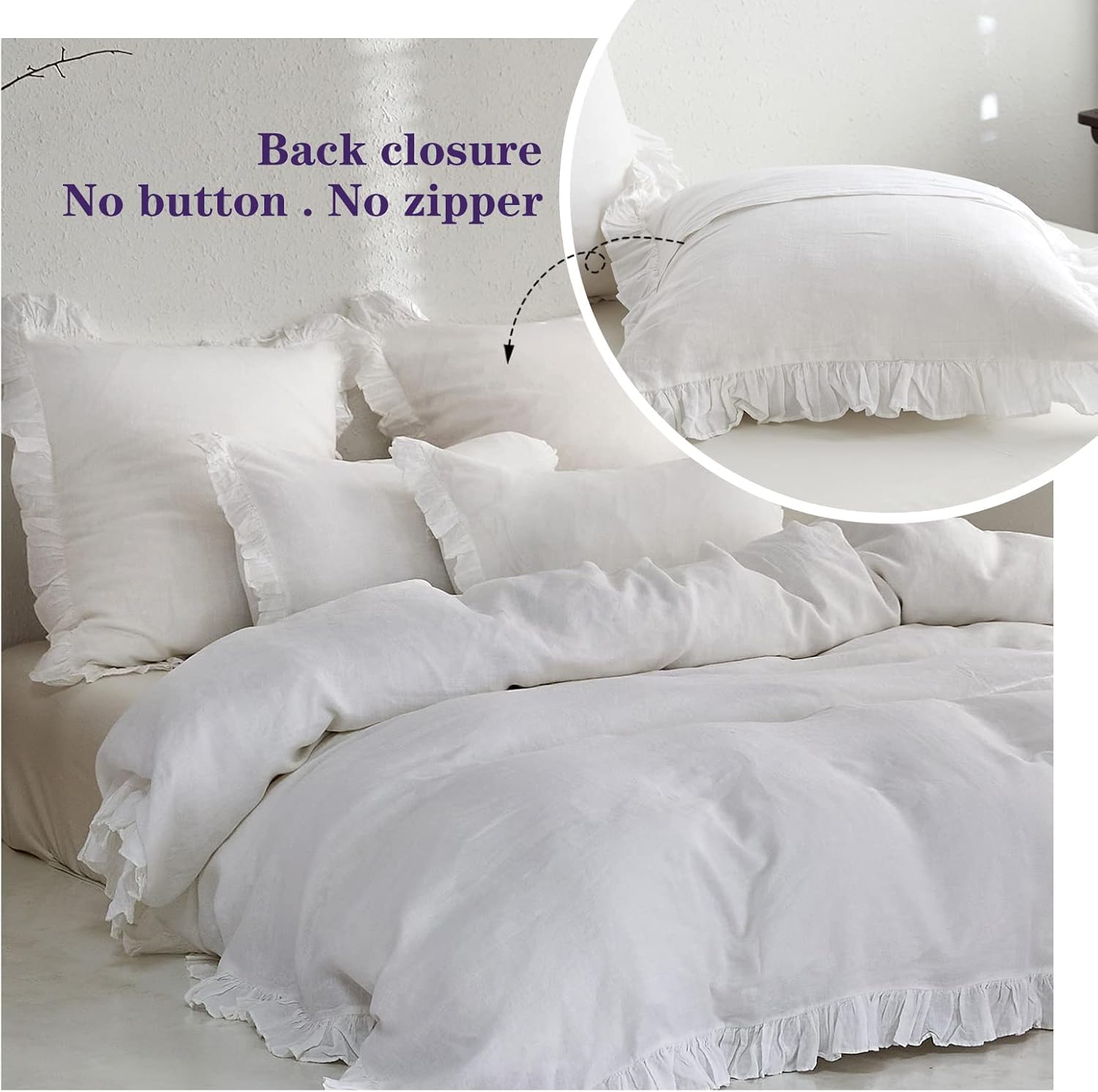 Simple&Opulence 100% Linen Duvet Cover Set, 3 PCS Natural French Flax White Ruffle Duvet Cover King Size, Breathable Comfy Linen Bedding Comforter Cover with 2 Pillowcases (White, 104"X92")