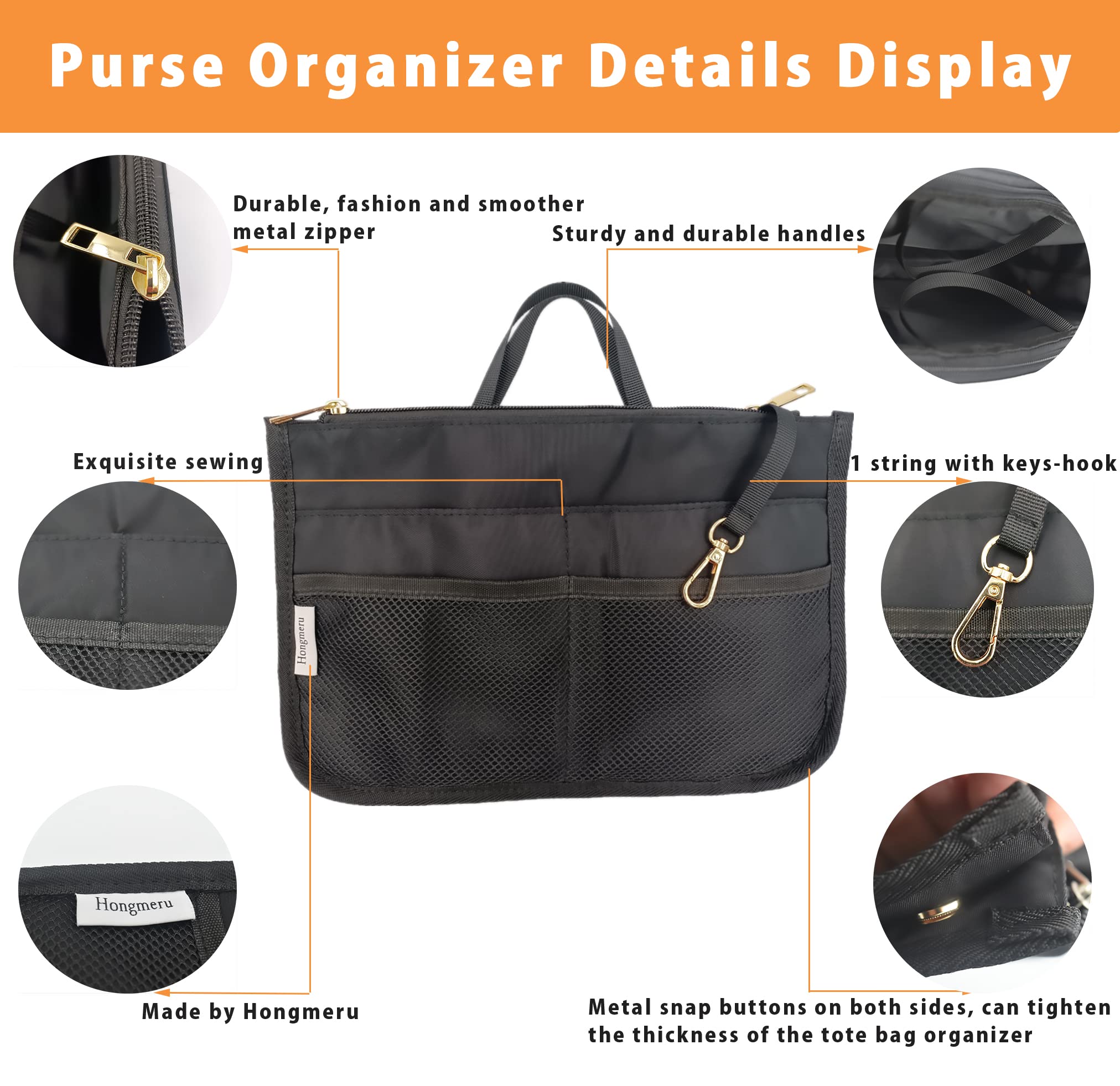 Hongmeru Purse Organizer Insert for Handbags, Tote Bag Organizer Insert with 11 Pockets, Bag Organizer for Tote with Handle, Nylon, Foldable, Tote Organizer Insert with Metal Zipper and Hook Black