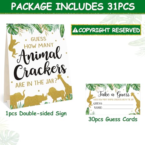 Gold Safari Baby Shower Decorations Supplies Guess How Many Animal Crackers Game with Standing Sign 30 Cards