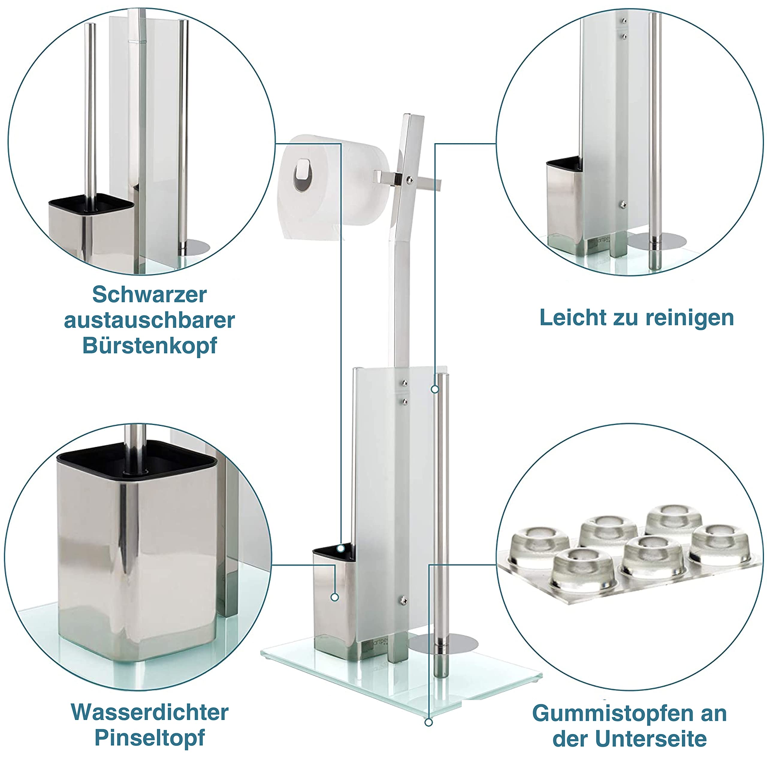 WC Set with roll Holder - Shiny Chrome - Toilet Paper Holder - Stainless Steel Chrome-Plated - Glass Base - Dim: 32x20x70cmβ Easy Installation β Plus: 1+2 Extra Toilet Brush Heads for Exchange!