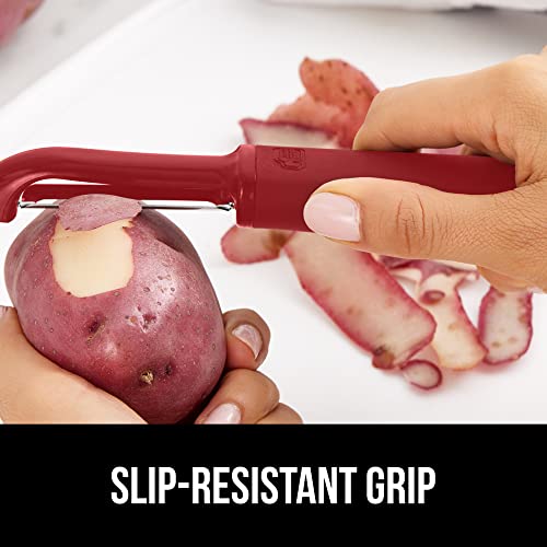Gorilla Grip Hand Held Can Opener and Vegetable Peeler, Large Lid Openers Rust Proof, Kitchen Food Peelers Safe Blade Guard, Both in Red, 2 Item Bundle