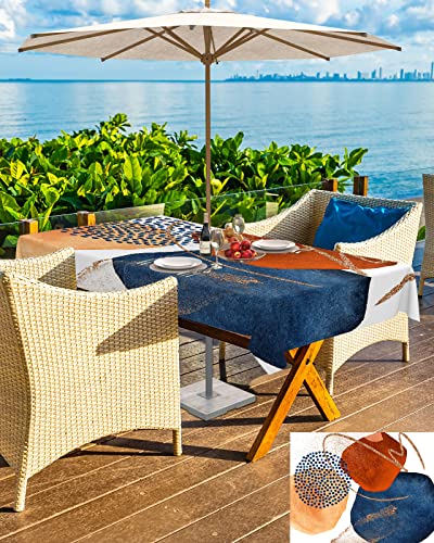 Outdoor Tablecloth with Umbrella Hole and Zipper,Mid Century Terracotta Abstract Geometry Waterproof Tablecloths for Rectangle Tables,Washable Table Cloth Burnt Orange Navy Block Gold Line 60x84in