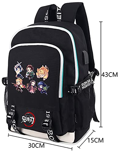 Roffatide Anime Demon Slayer Printed Backpack Schoolbag Laptop Rucksack Fit 15.6 Inch with USB Charging Port & Headphone Port Black