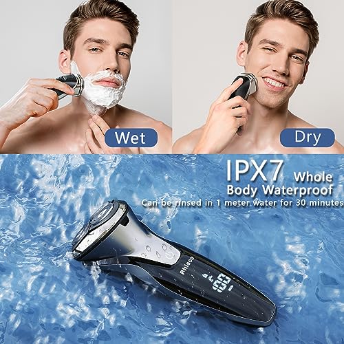 Phisco Electric Shaver Razor for Men Floating Rotary, IPX7, LED Display, Rechargeable, Dry/Wet, Pop-Up Beard Trimmer (Black)