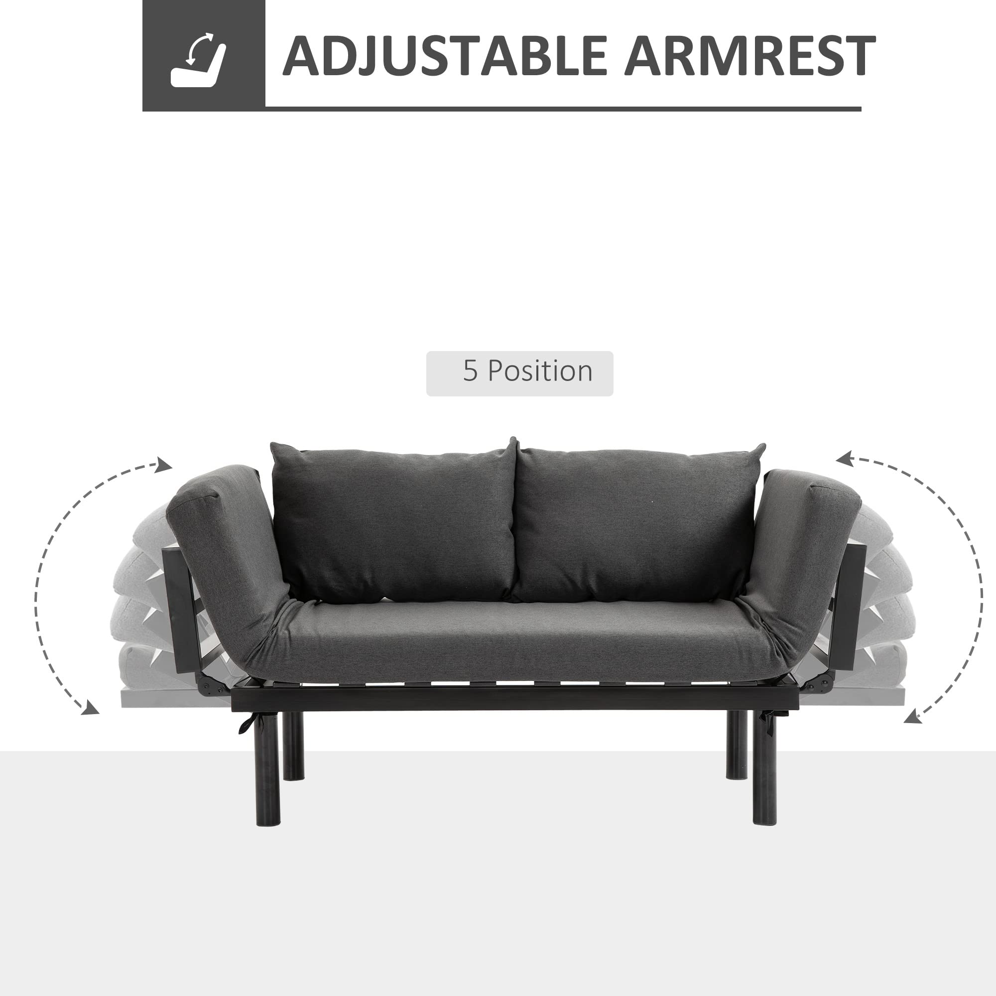 HOMCOM Single Person Chaise Lounger, Modern Sofa Bed with 5 Adjustable Positions, 2 Large Pillows, and Birch Legs, Charcoal Grey