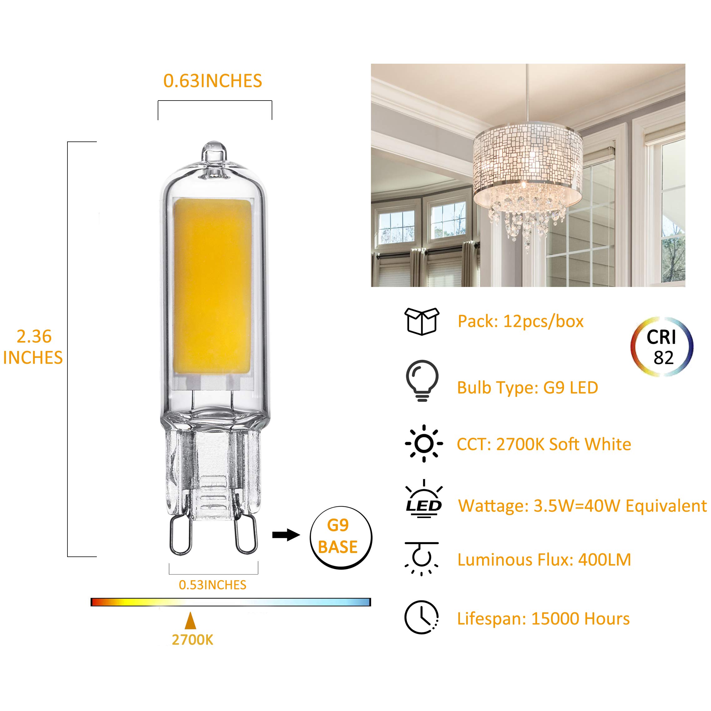 FLSNT G9 LED Light Bulb Bi Pin Base for Chandelier, 3.5W (40W Halogen Equivalent), 2700K Soft White, G9 Base, 400LM, CRI82, Non-dimmable, 12-Pack