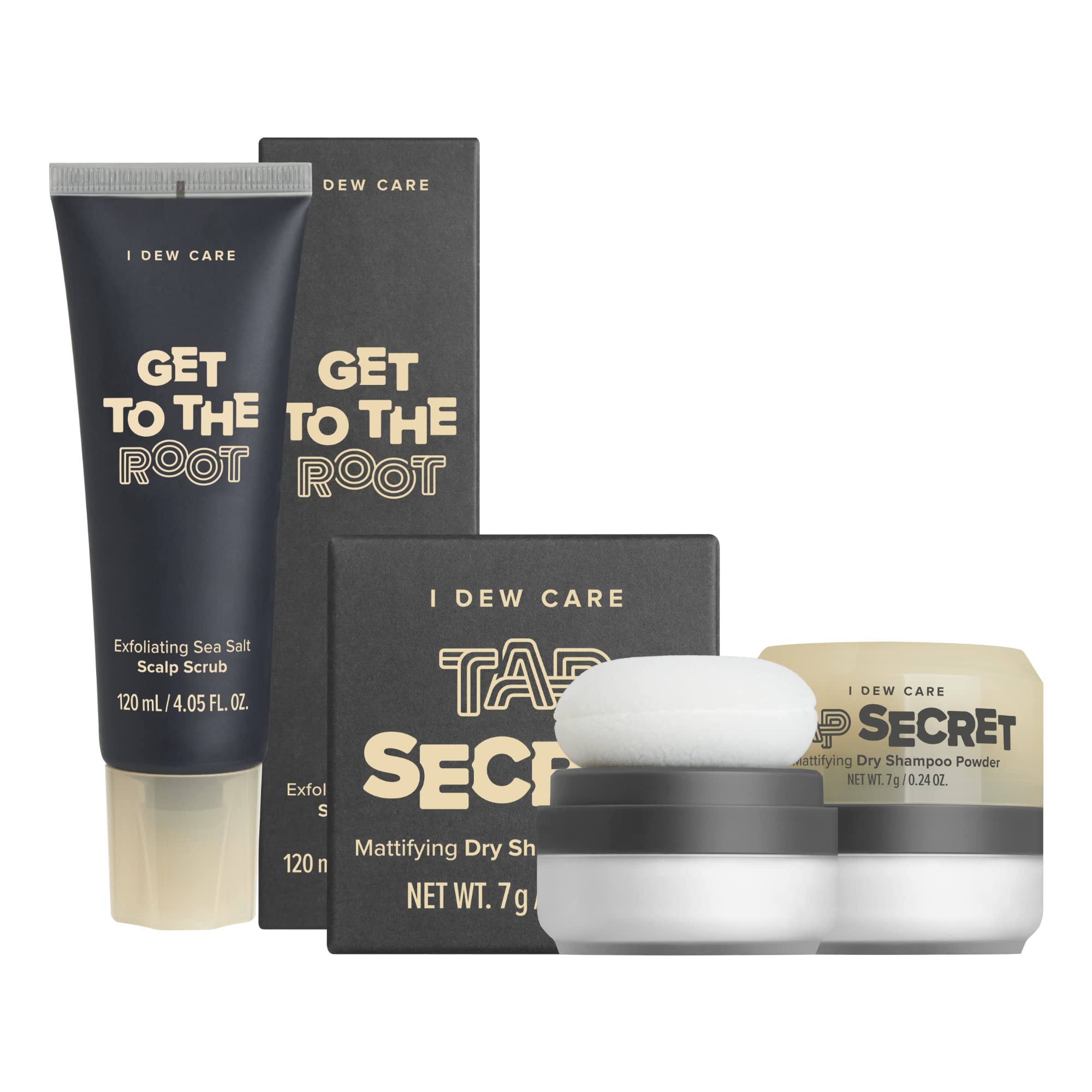 I DEW CARE Get To The Root Exfoliating Sea Salt Scalp Scrub + Tap Secret Mattifying Dry Shampoo Powder Bundle