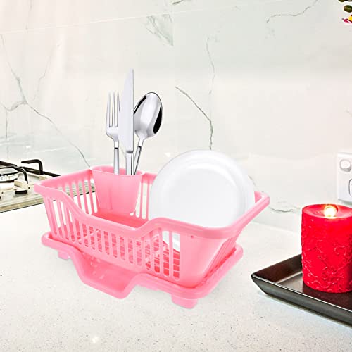Zerodeko Kitchen Dish Drying Rack with Cutlery Holder Drainboard and Water Spout Plastic Dish Drainer Dinnerware Basket for Kitchen Counter Cabinet Pink
