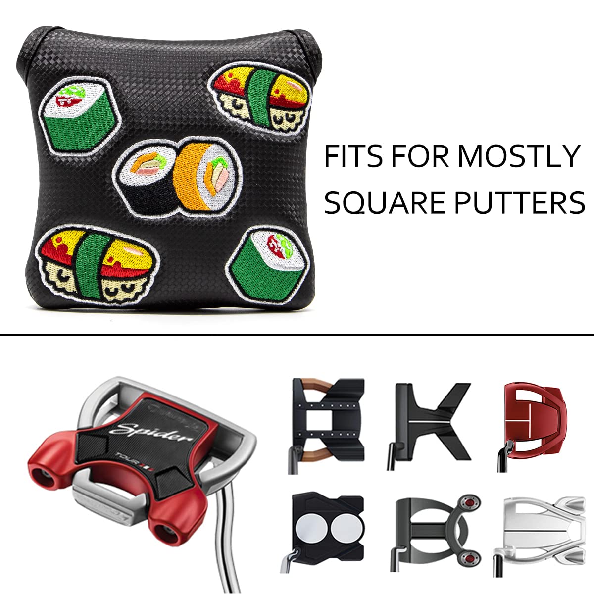 Golf Mallet Putter Cover, Sushi Pattern Putter Covers Golf Club Head Covers Putter Headcover for Mallet Leather Golf Putter Head Covers with Magnetic for All Brands