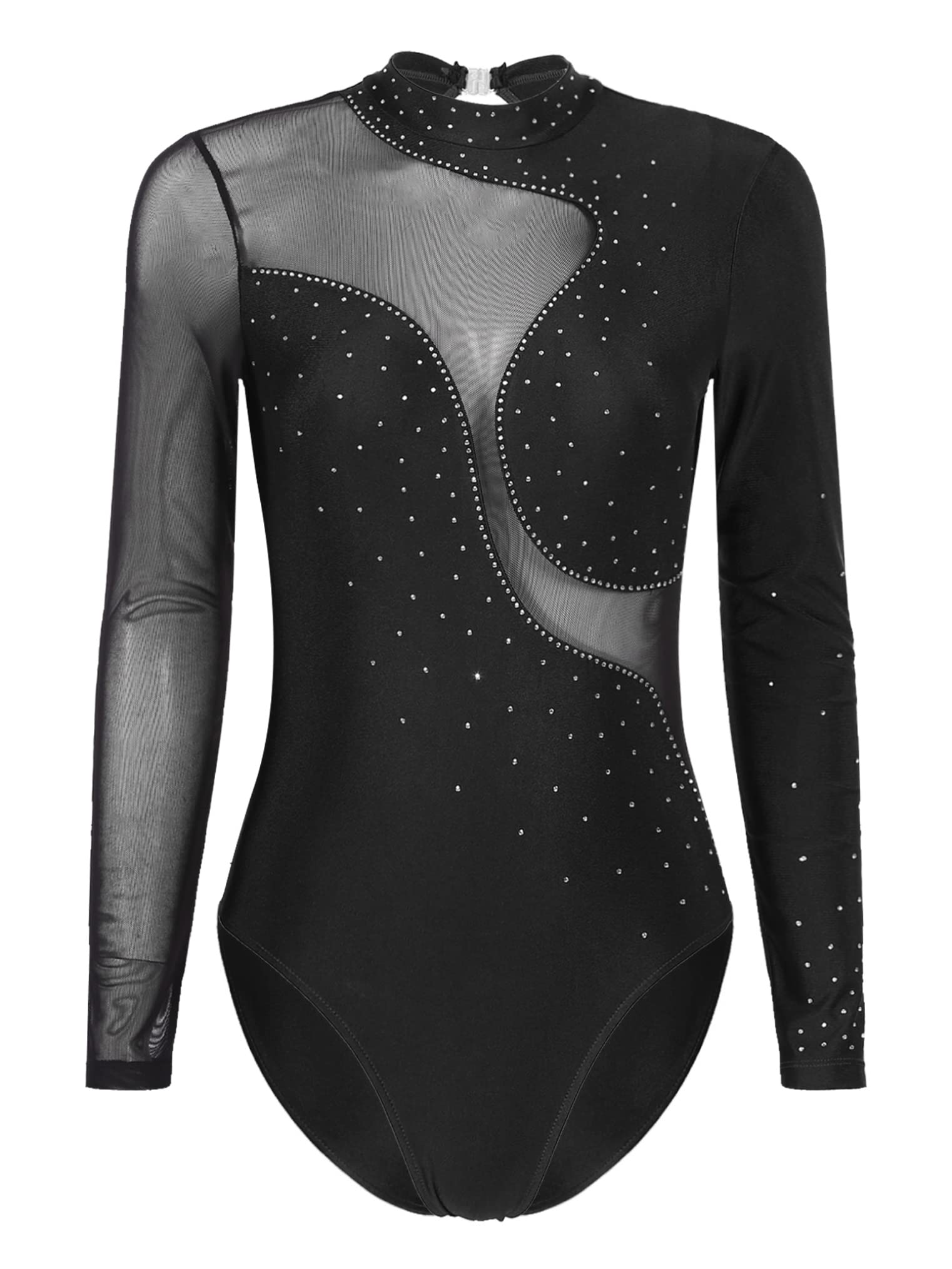 Freebily Womens Sheer Mesh Long Sleeve Bodysuit Sequined Mock Neck Tassel Leotards Dancewear Black XX-Large