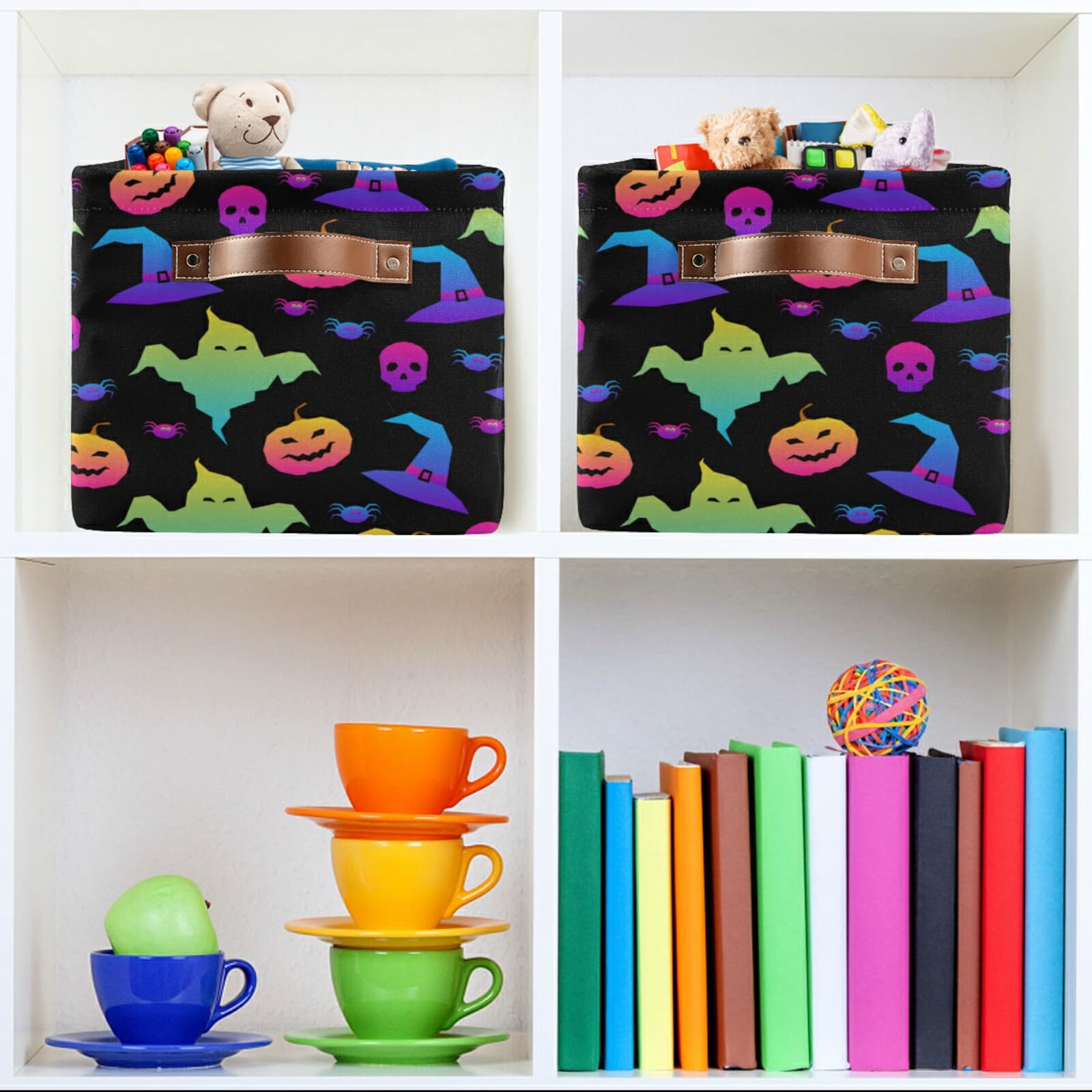 Foldable Storage Basket, Cube Organizer Bins Pumpkin Skull Spider Witch Rainbow Halloween Cube Bag Dual Handles for Closet Shelf