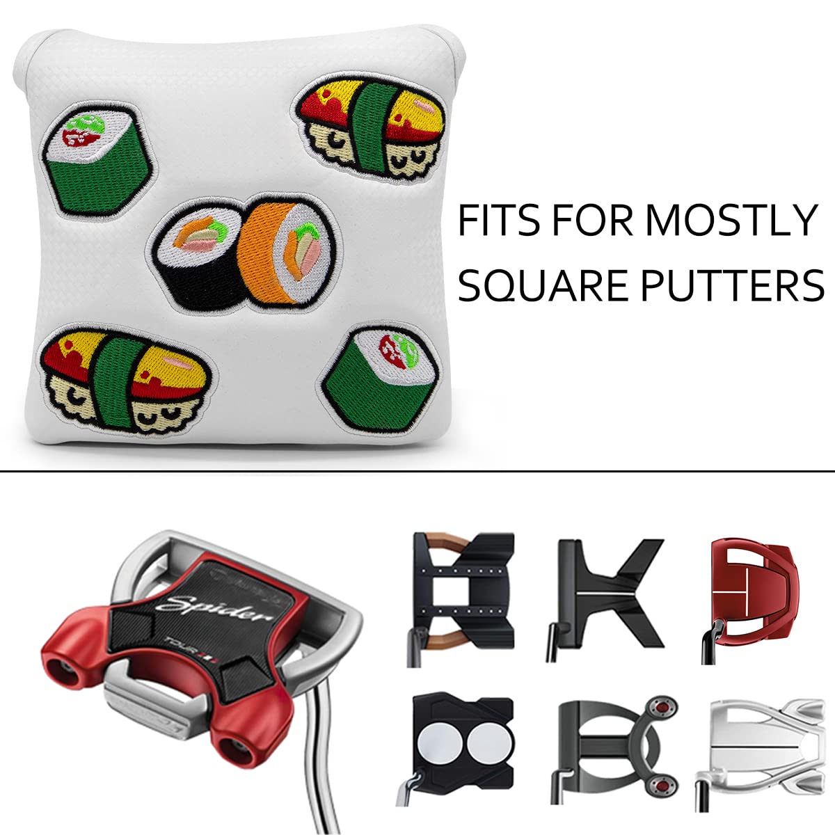 Golf Mallet Putter Cover, Sushi Pattern Putter Covers Golf Club Head Covers Putter Headcover for Mallet Leather Golf Putter Head Covers with Magnetic for All Brands