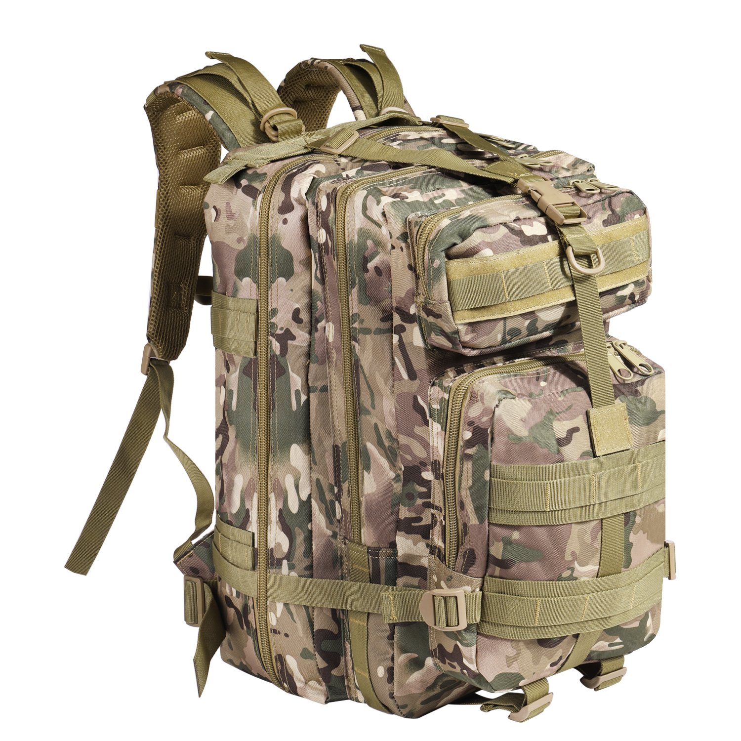 Flexzion Assault Pack Backpack - 40L Large Tactical Bags for Men Military Style Backpack, MOLLE Bug Out Gear Backpack, Water-Resistant RuckSack Army Backpack for Men and Women - Marshland Camouflage