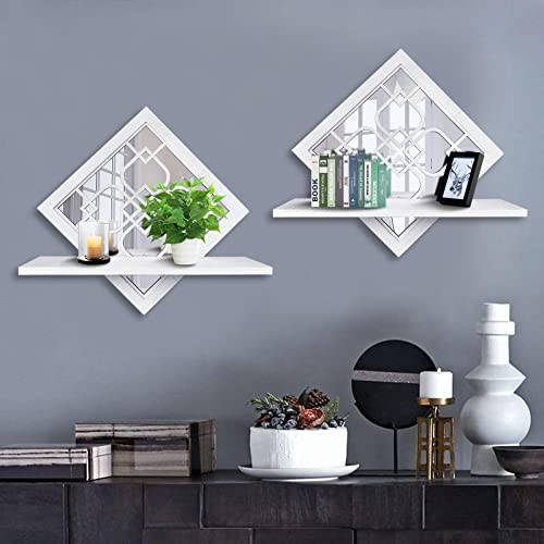 ZEXUIRU 2 Set Mirrored Shelves Wall Decor Wood Rustic Floating Shelves Geometric Diamond Shape Carving Frame Hanging Wall Art (White Set)