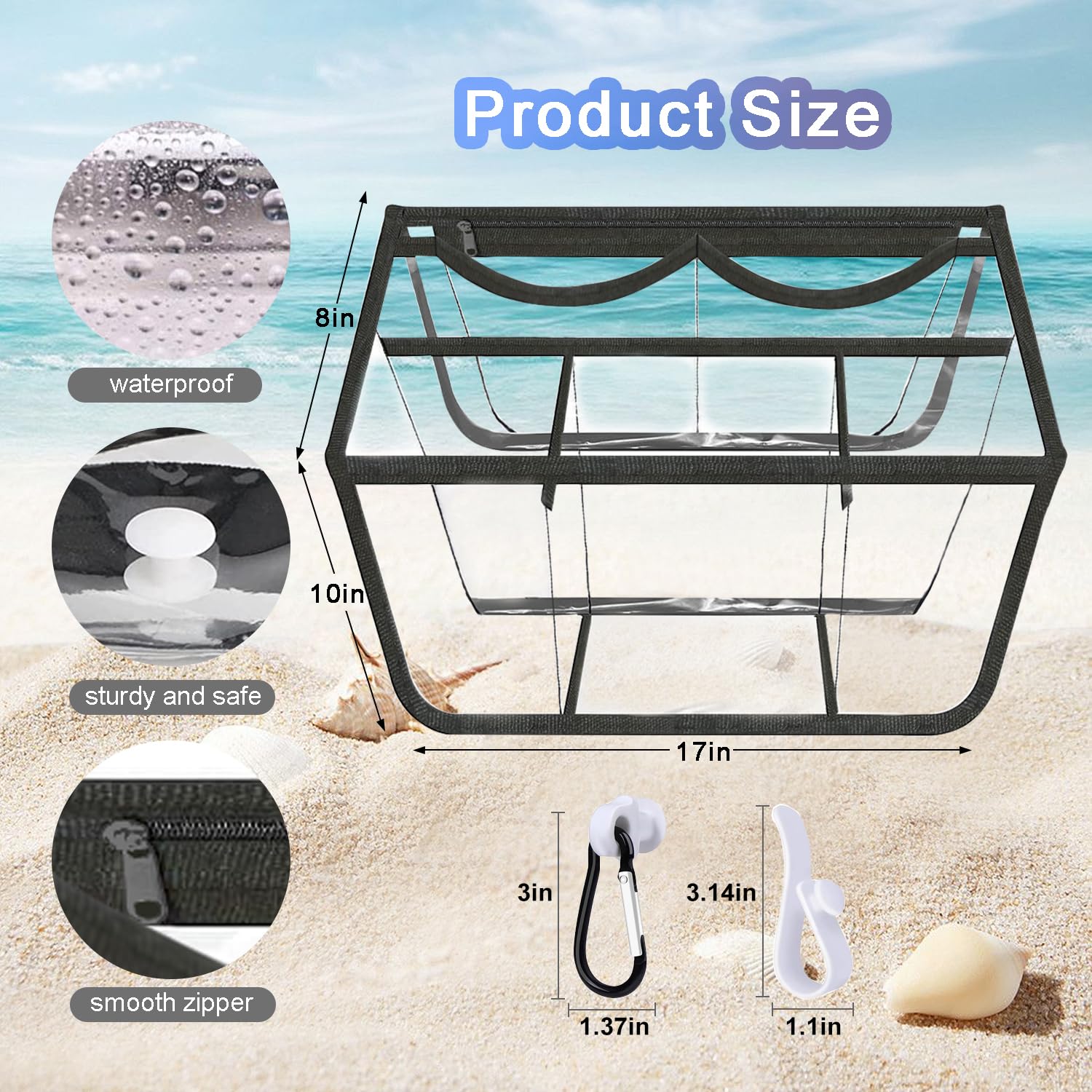 Everfunny Clear Waterproof Organizer Bag with 2 Hooks for Bogg Bag, Insert Pouch for Organizing Divide Space