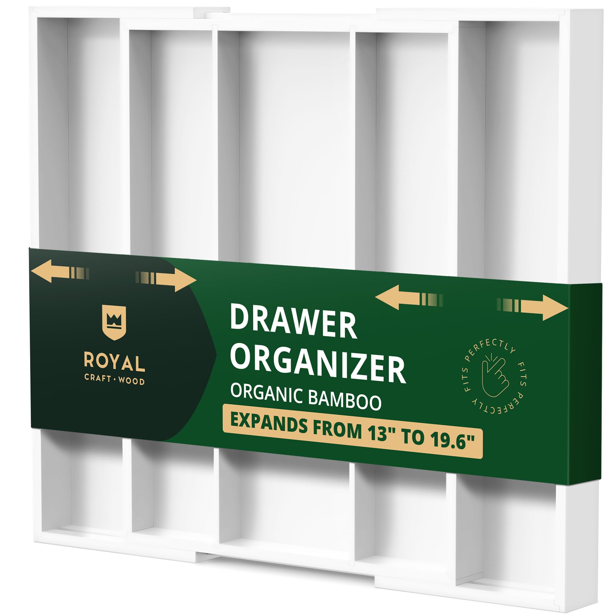 ROYAL CRAFT WOOD Luxury Bamboo Kitchen Drawer Organizer - Silverware Organizer - Utensil Holder and Cutlery Tray with Grooved Drawer Dividers for Flatware and Kitchen Utensils (5 Slot, White)