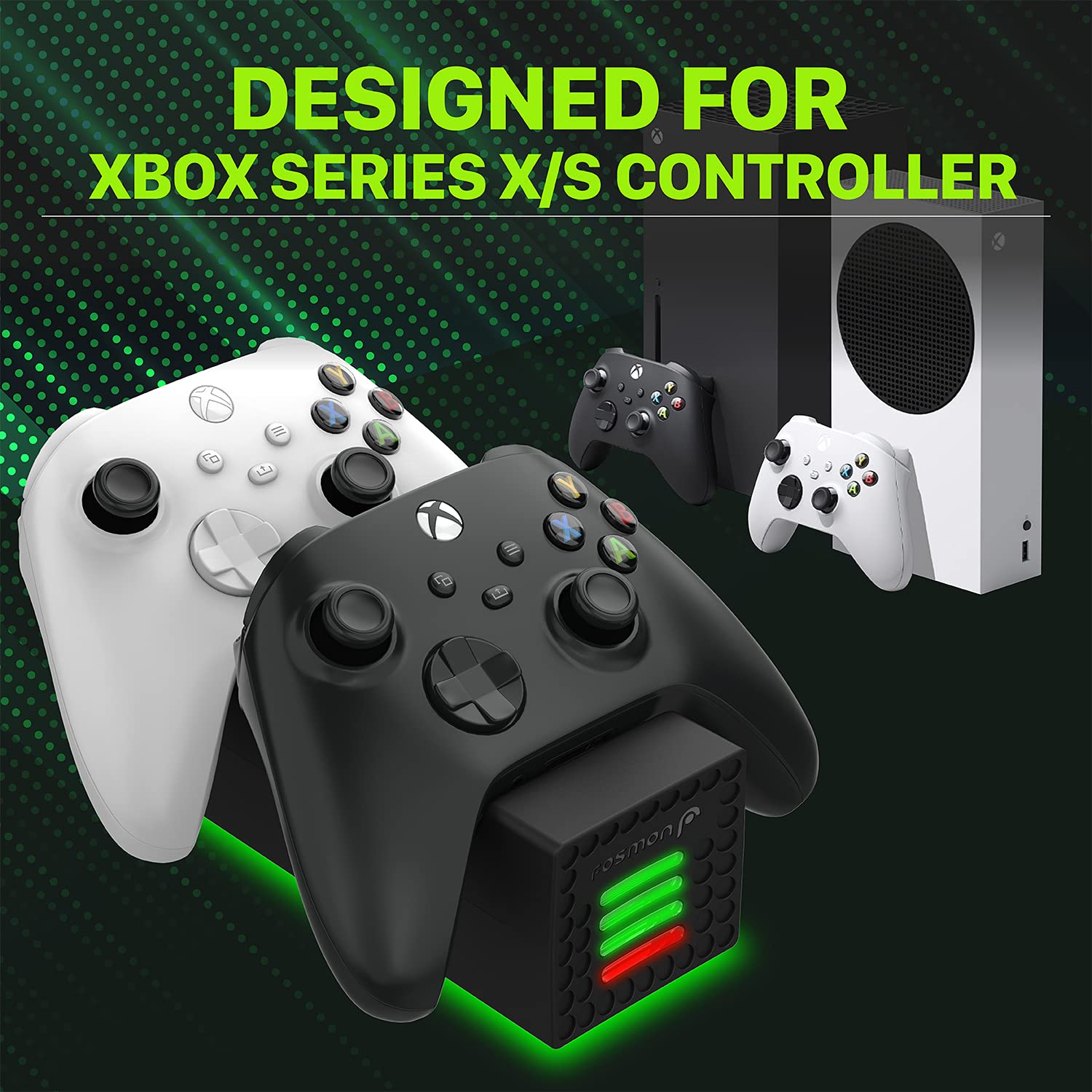 Fosmon Quad PRO 2 Controller Charger Compatible with Xbox Series X/S Controllers (Not for Xbox One / 360 / Elite 2) Controllers, Dual Dock Charging Station with 4 Rechargeable Battery Packs - Black