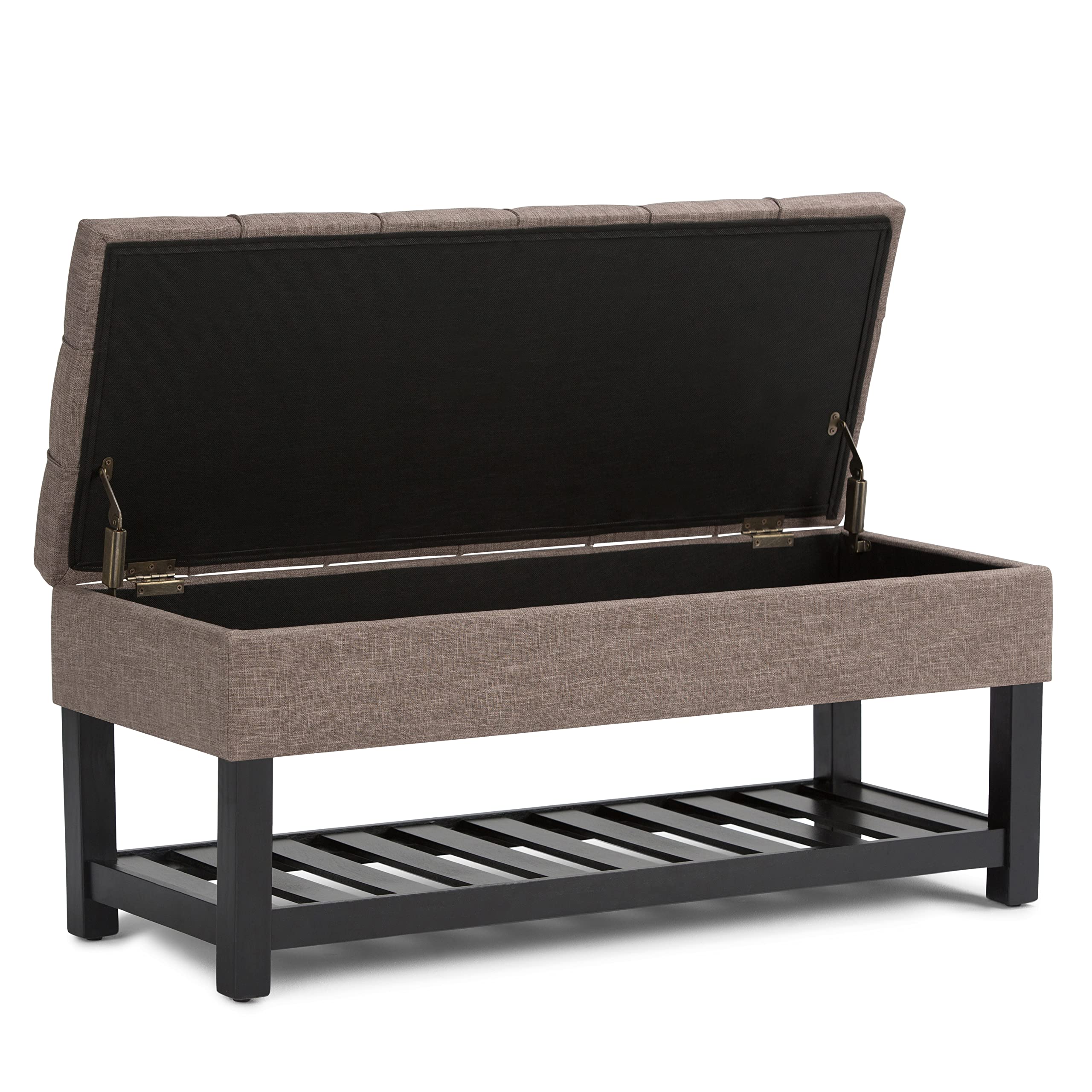 SIMPLIHOME Saxon 43 Inch Wide Transitional Rectangle Storage Ottoman Bench in Fawn Brown Linen Look Fabric, For the Living Room and Bedroom