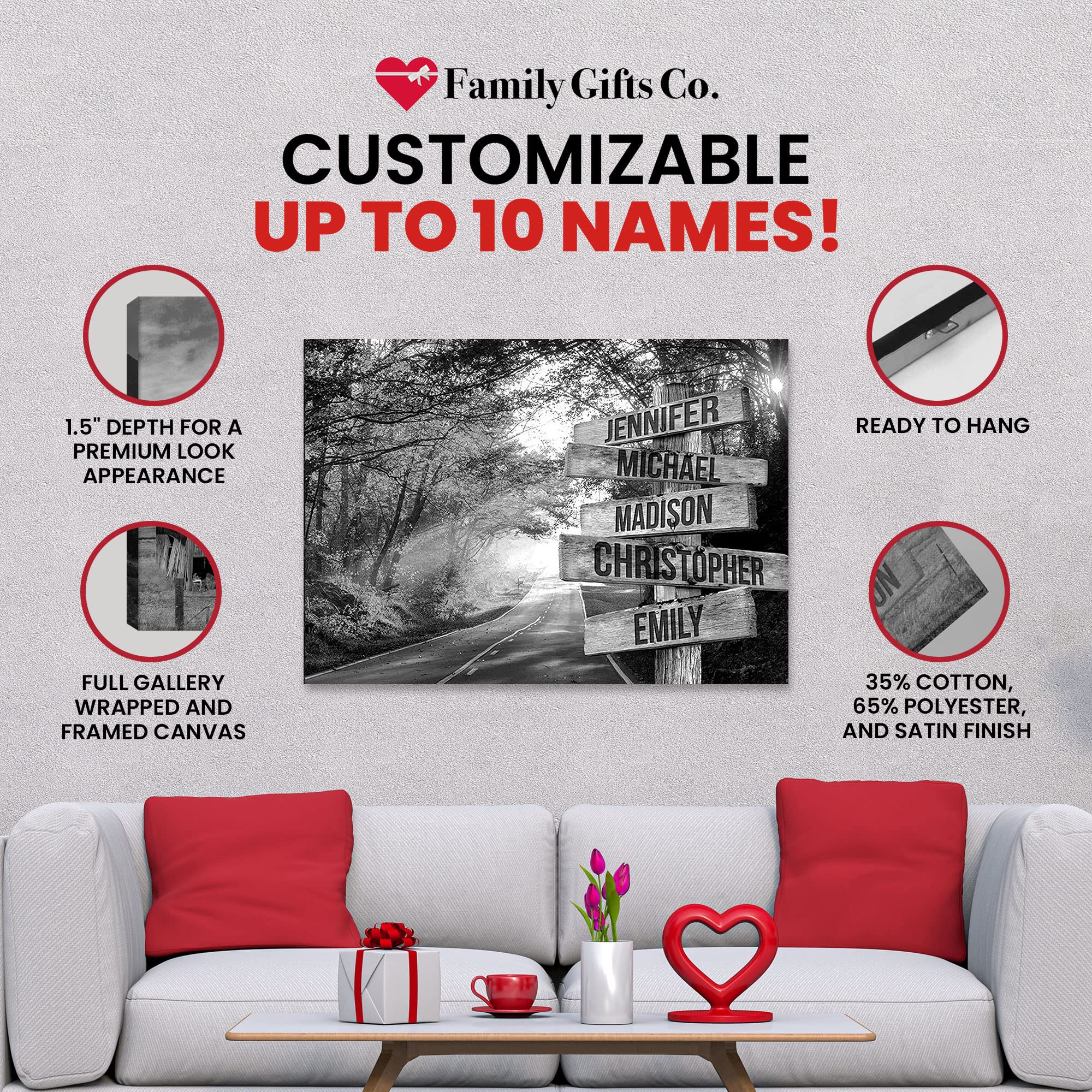 FAMILY GIFTS CO. Autumn Road Multi Names Premium Canvas, Crossroads Personalized Wall Art, Custom Canvas Picture, Customized Gifts, Black and White (24x16in)