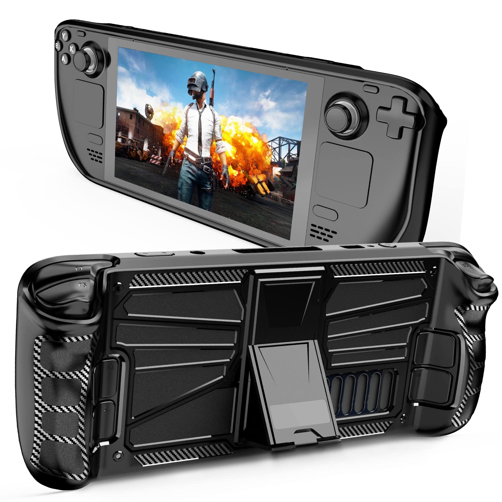 Keruixin Steam Deck Case with Kickstand, PC+TPU Protective Case Cover Protector Case with Stand Base for Stream Deck, Shock-Absorption, Non-Slip and Anti-Scratch Design (Black)