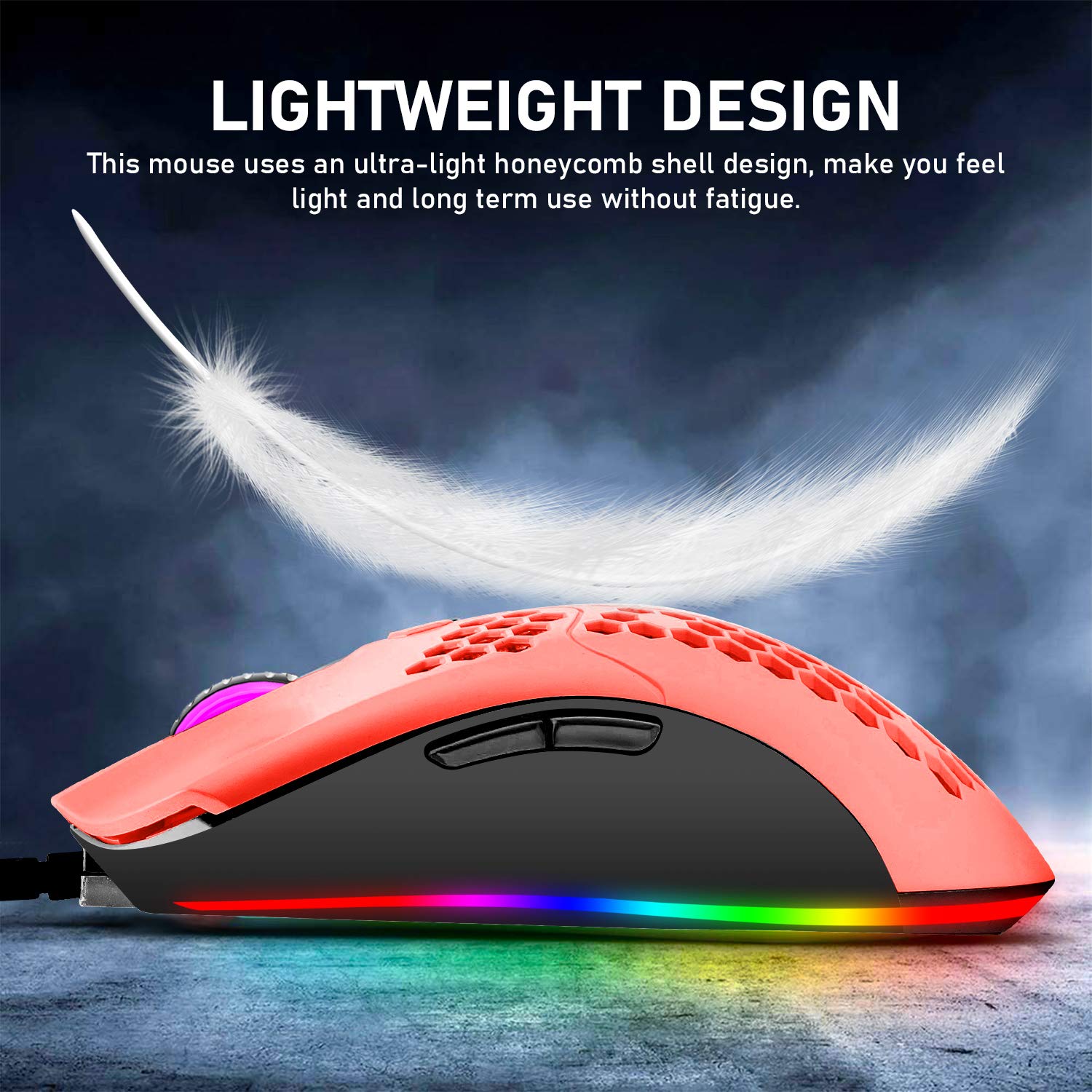 FELICON Wired Lightweight Gaming Mouse, 6400DPI Backlit Mice with 7 Buttons Programmable Driver,Ultralight Honeycomb Shell Ultraweave Cable Mouse Compatible with PC Gamers and Xbox and PS4 Users(Red)