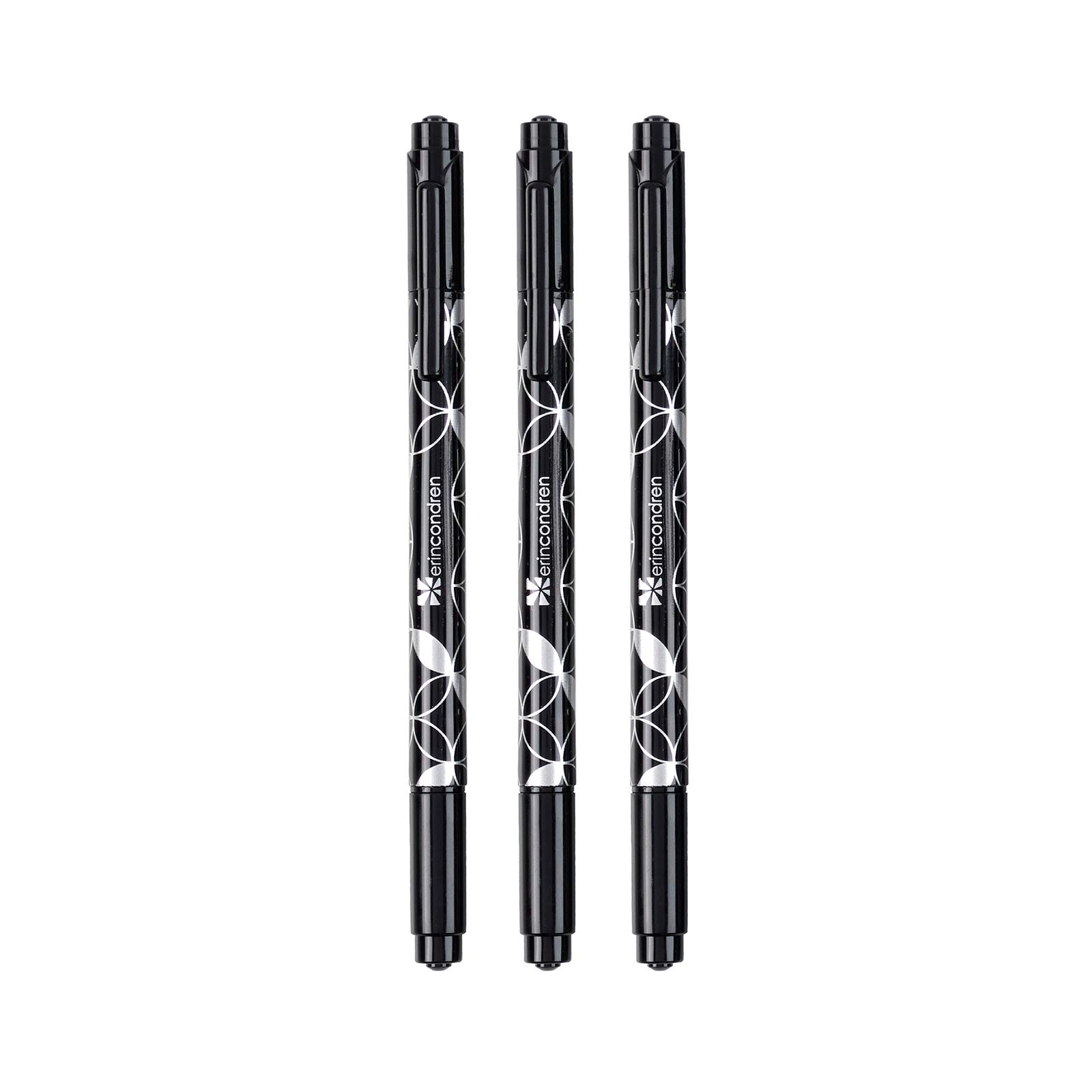 Erin Condren 3-Pack of Designer Dual Tip Markers/Ink Pen. Stylish and Sleek Design. Rich Black Marker Ink. Twin Capped Fine Tip and Capped Medium Tip