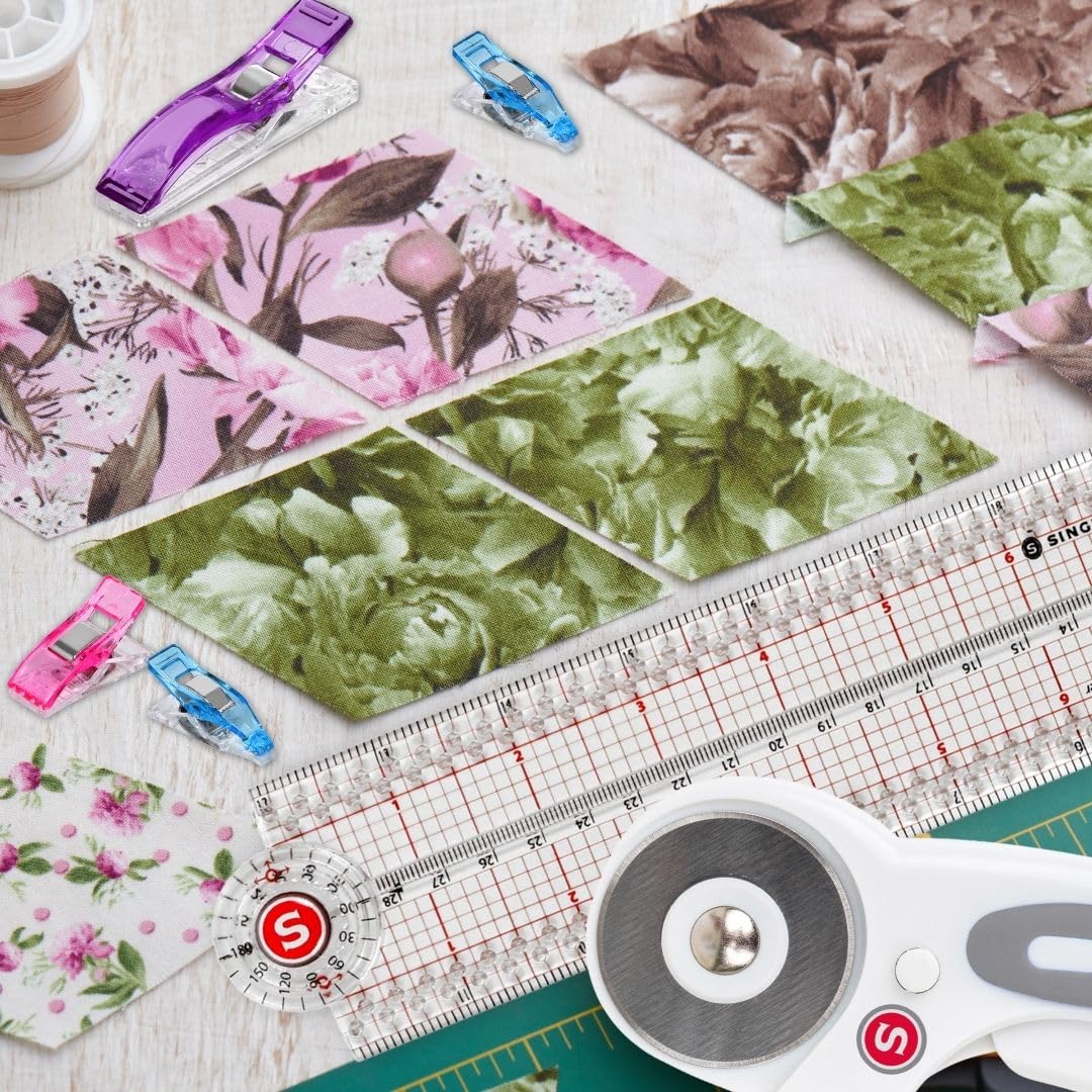 SINGER Quilting Tool Kit with 24-Count Fabric Clips, 24-Inch Folding Ruler, and 45mm Rotary Cutter - Quilting Supplies for Patternmaking, Sewing, Fabric Work