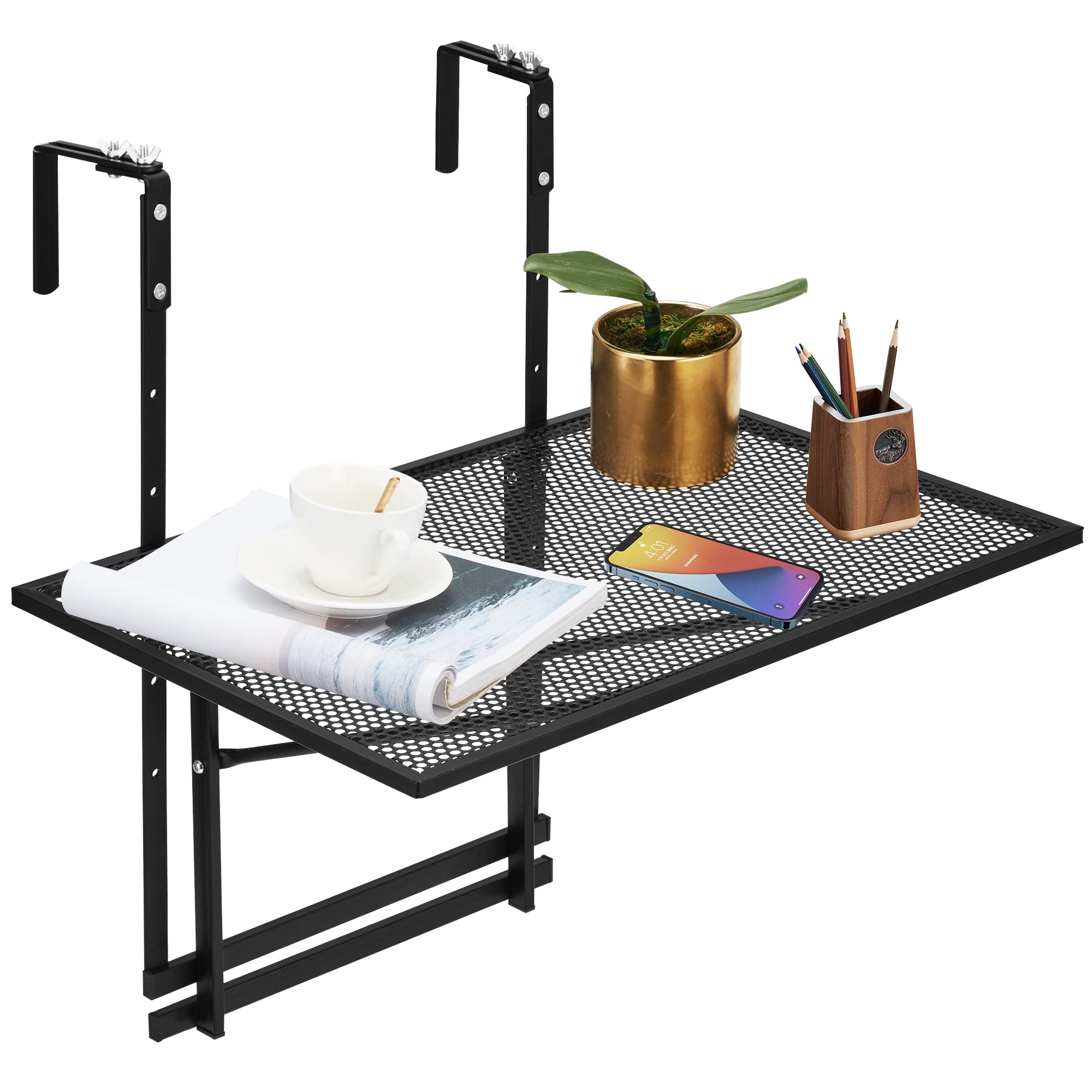 Eusuncaly Balcony Railing Table Patio Folding Hanging Desk Balcony Bar Table for Railings,5-Level Height Adjustable,Metal Folding Table for Balcony Patio Deck Window,24" x 15.7" Black