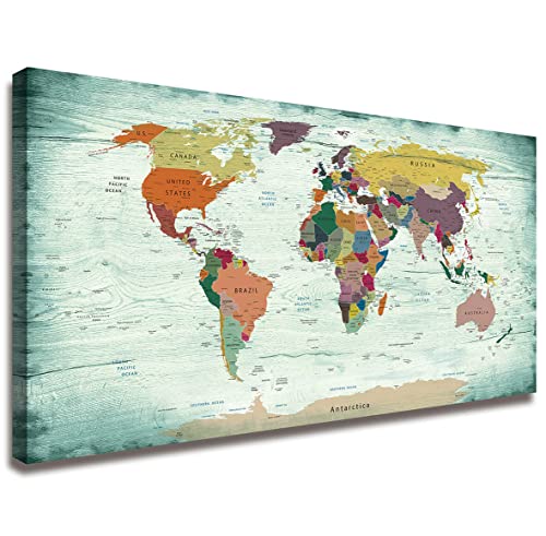 Teal Theme Colorful World Map Wall Art Wood Grain HD Map of The World Canvas Prints Artwork 1 Pieces Stretched and Framed Canvas Pictures for Living Room Office Travel Memory Home Wall Decor 20"x40"