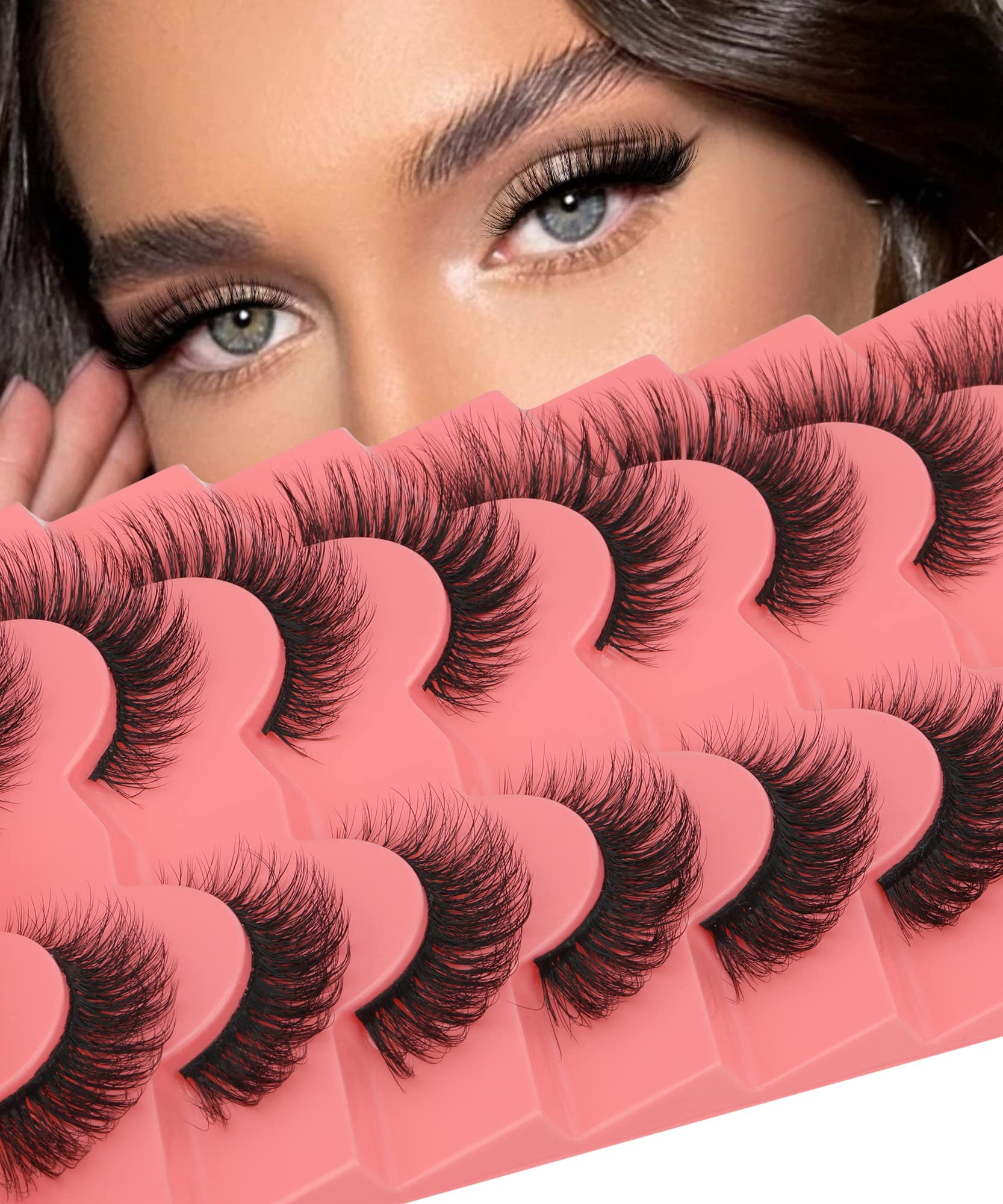 False Eyelashes Natural Mink Lashes 15mm Wispy Curl Eyelashes 5D Fluffy Volume Cat Eye Fake Lashes Pack 8 Pairs by Yawamica
