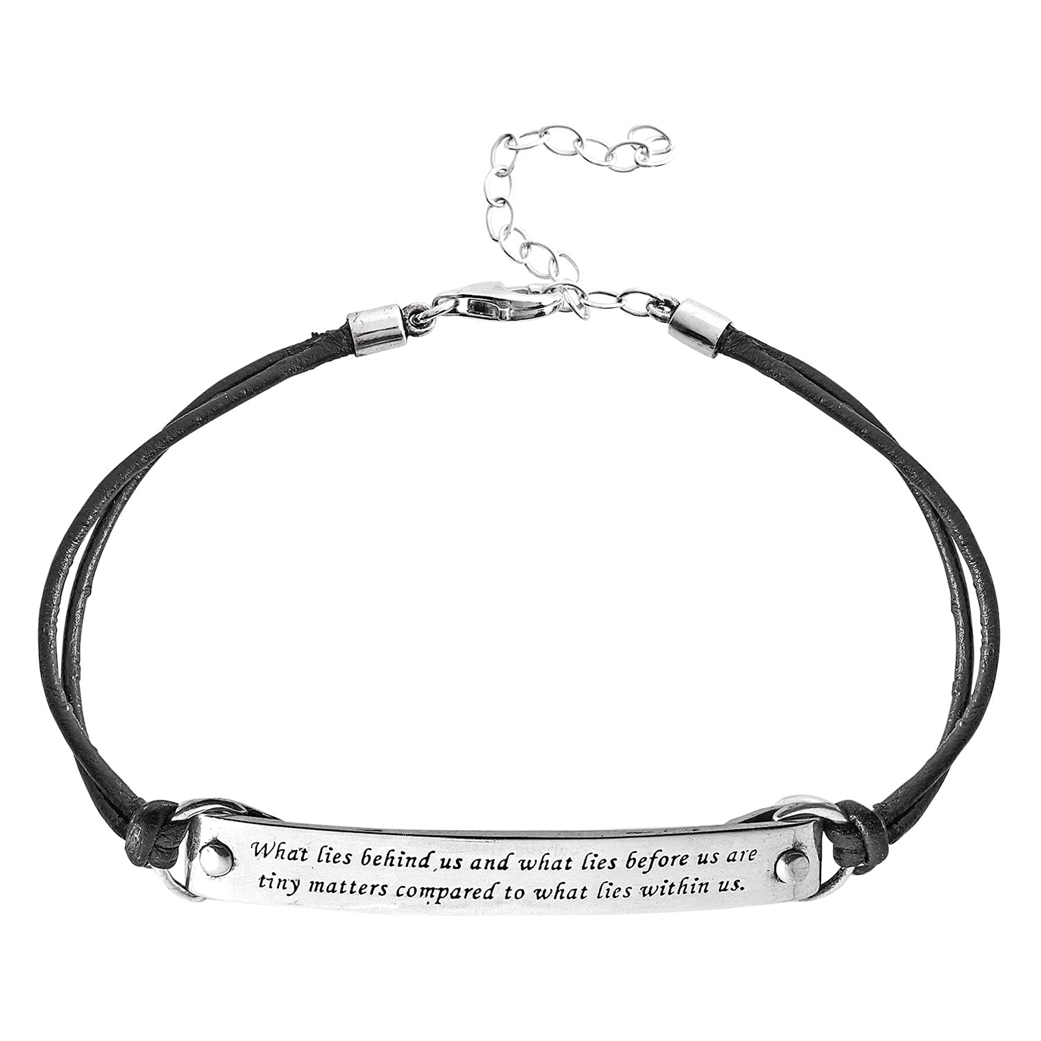 FLORIANA Womens Emerson Bar Bracelet - Sterling Silver Quote, Black Leather Cord
