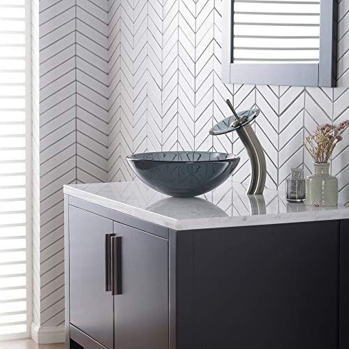 Single Lever Vessel Glass Waterfall Bathroom Faucet Satin Nickel with Black Clear Glass Disk and Matching Pop Up Drain